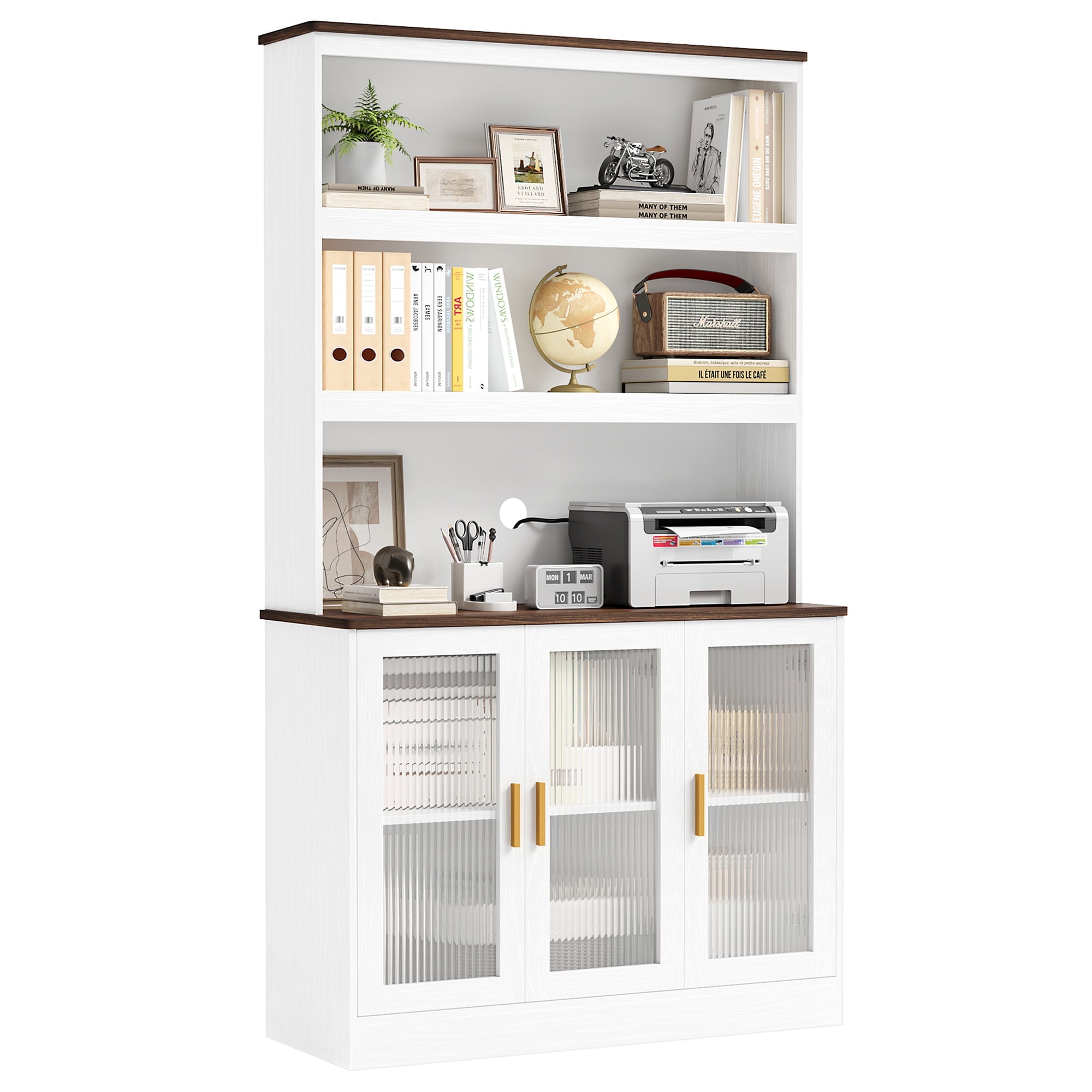 Homfa 73" Tall 3-tier Bookcase, 2 Cabinets with Glass Doors, Counter ...