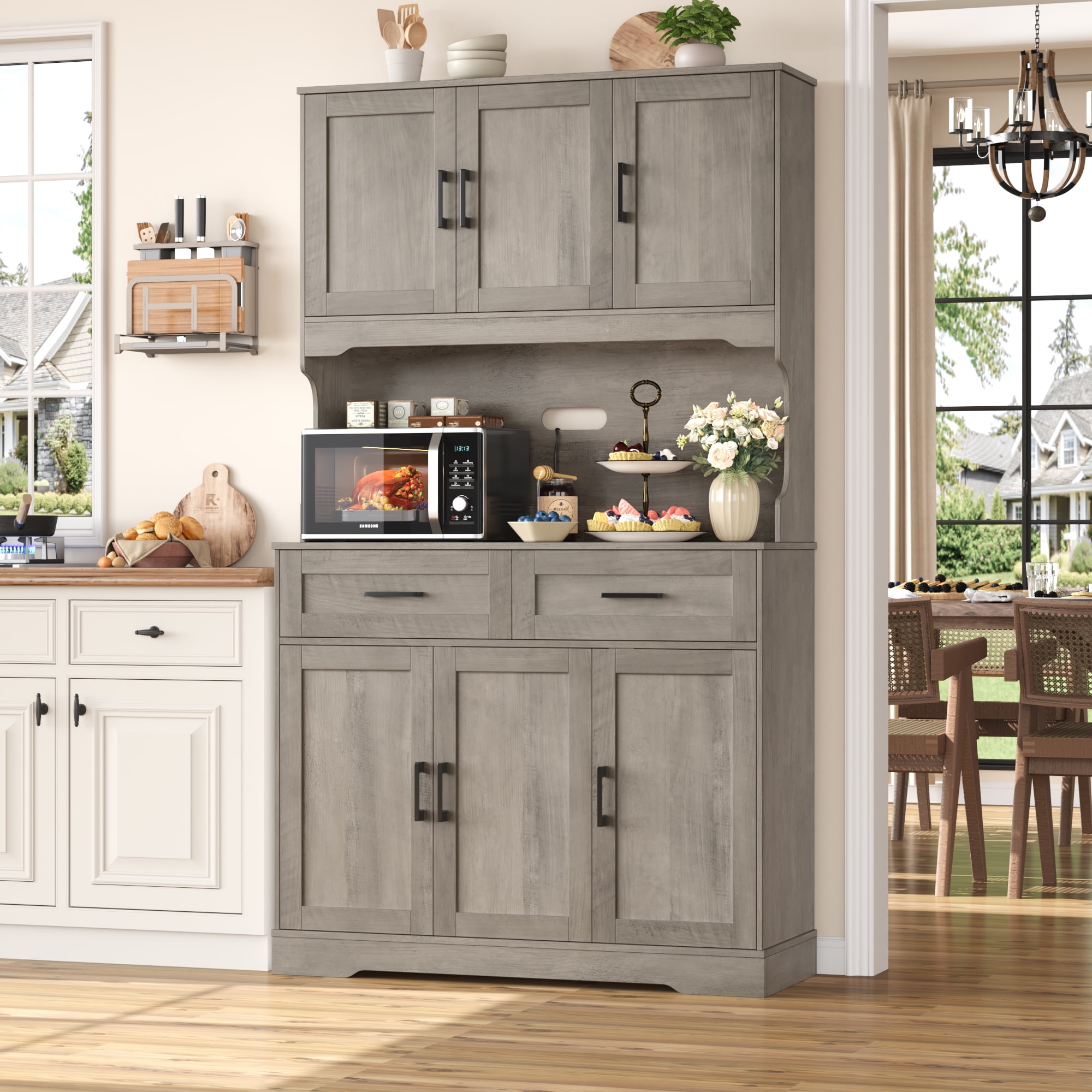 Homfa 74" Pantry Cabinet with Hutch, Tall Kitchen Storage Cabinet with ...