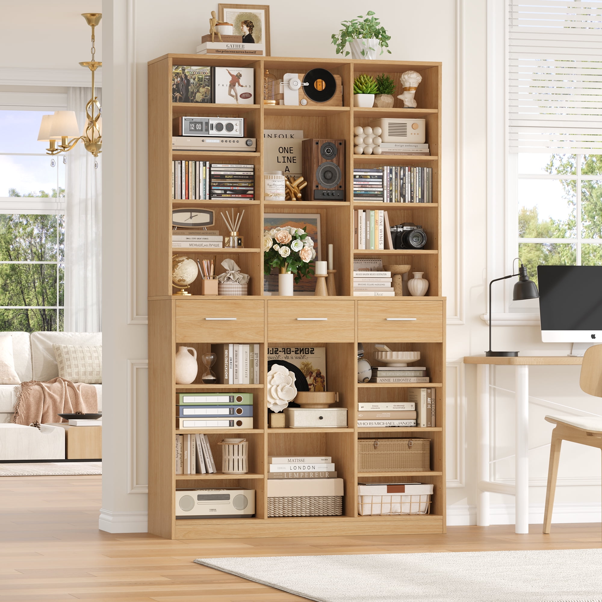 Homfa 75'' Tall Bookcase with Adjustable Shelves, 3 Drawers Display ...