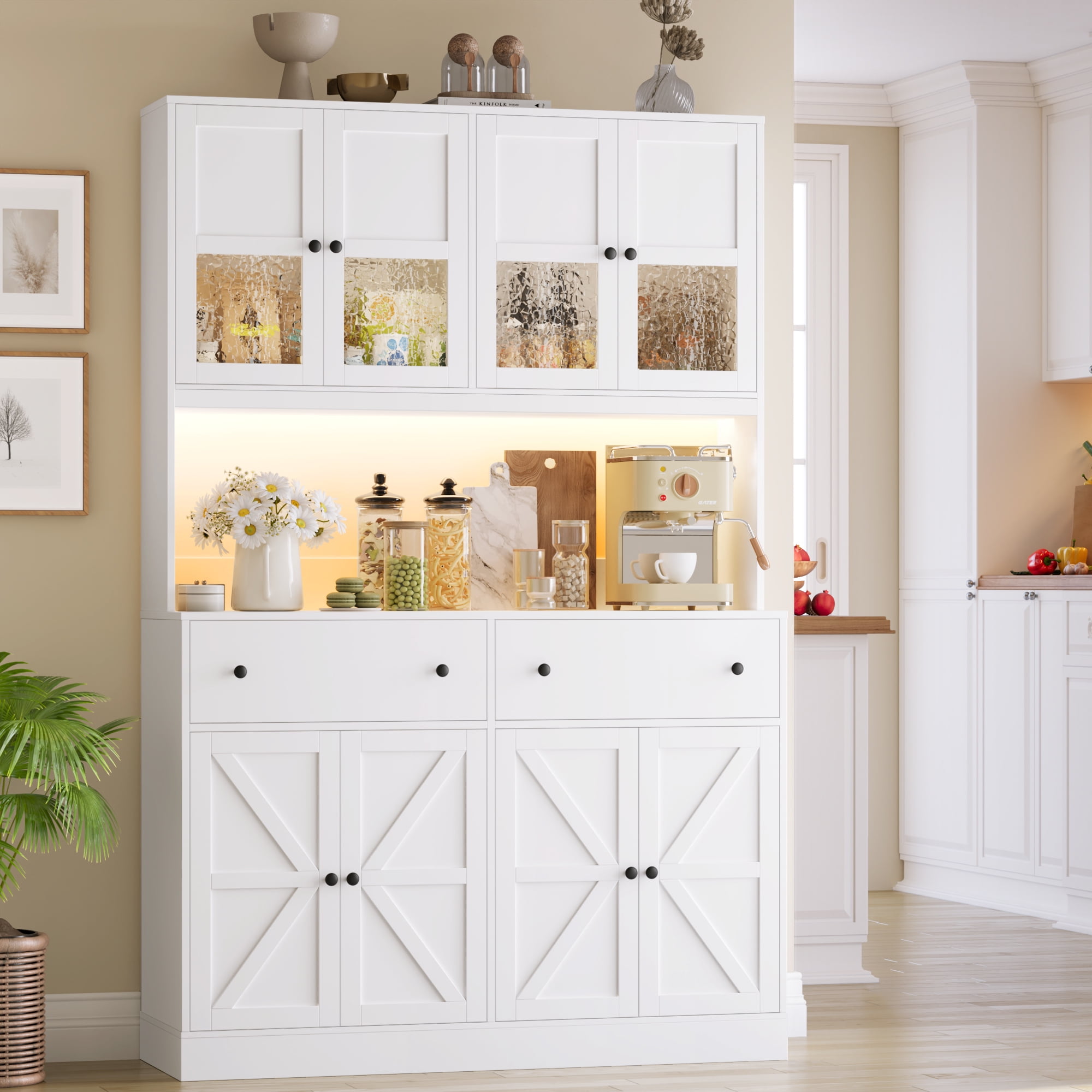 Homfa 71'' Kitchen Pantry Cabinet with LED Lights & Charging Station ...