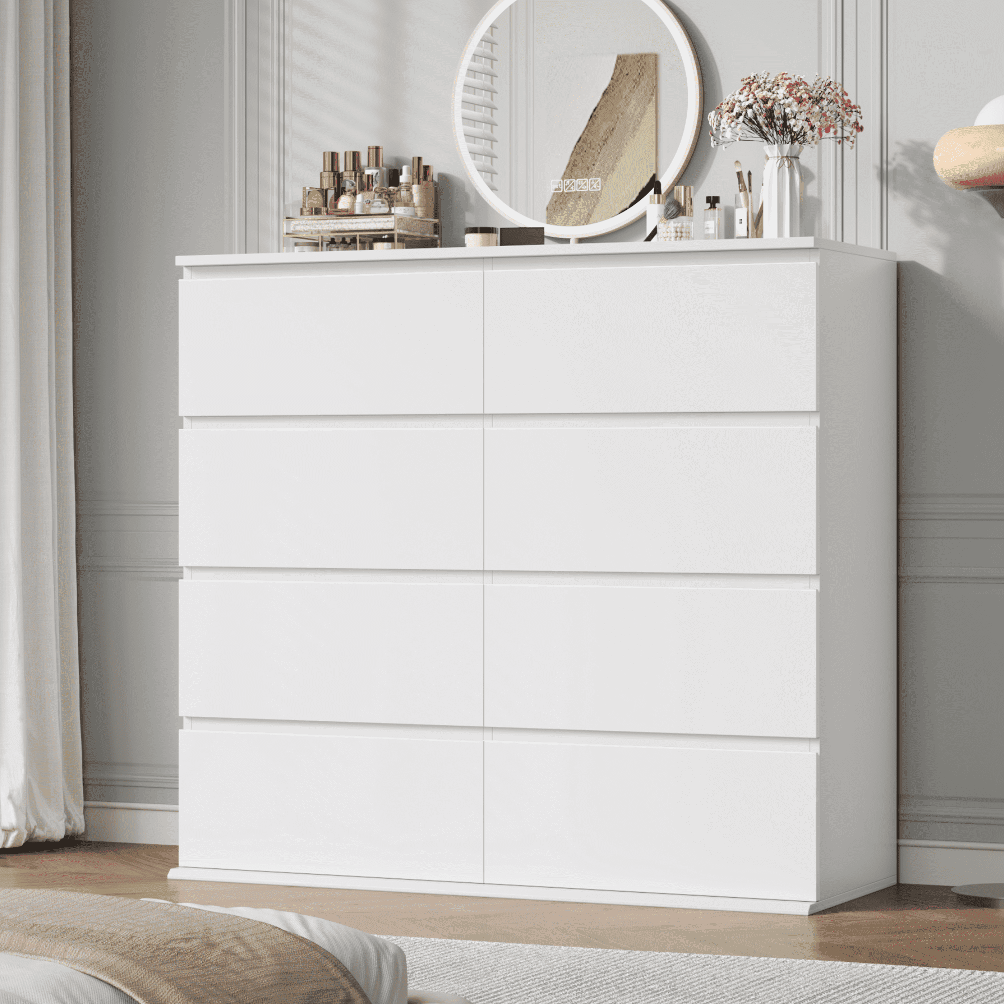 Homfa 8 Drawer Double Dresser, White Horizontal Dresser Chest with Easy ...