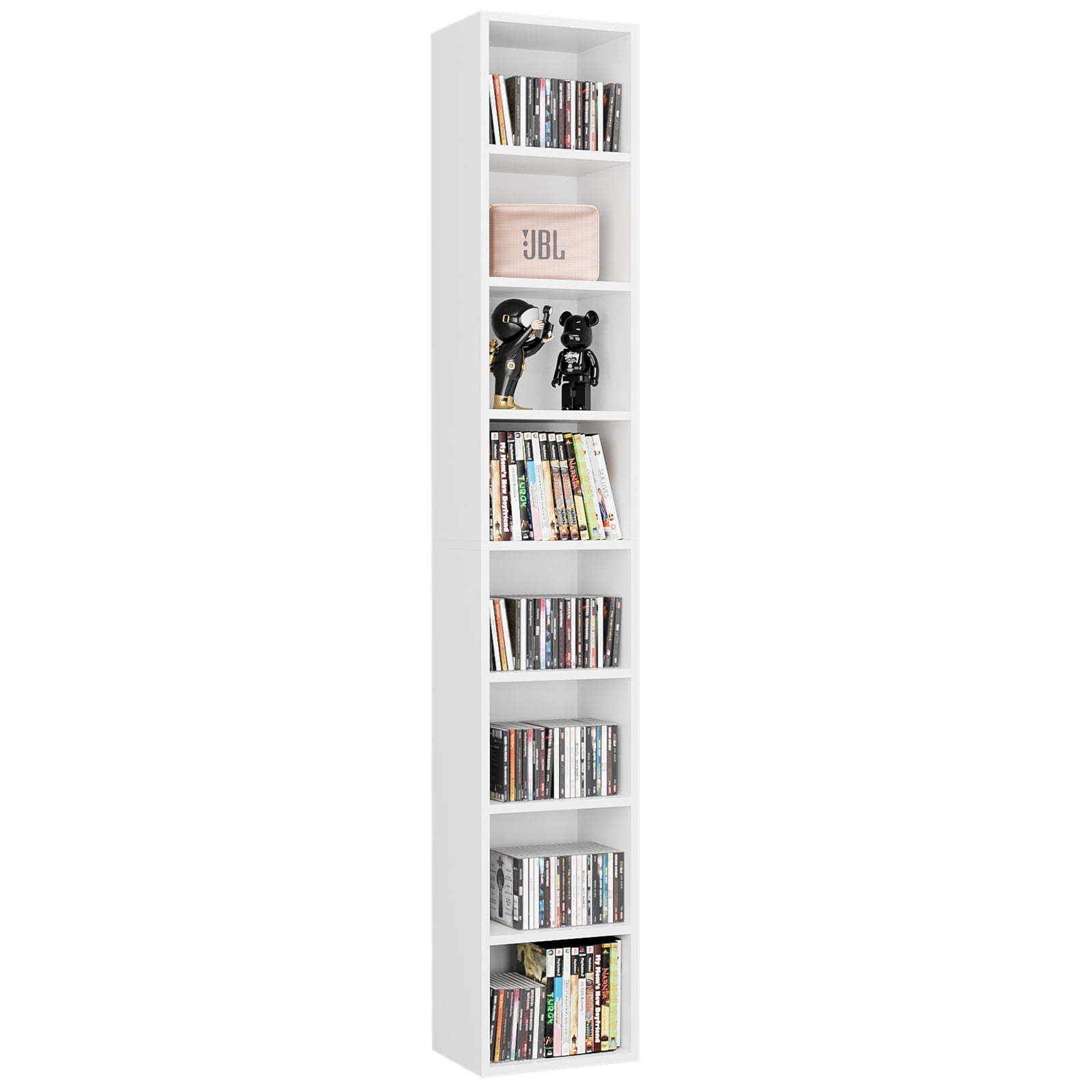 Homfa Narrow Bookcase with 8 Shelves, CD DVD Media Storage Cubes , Dark ...