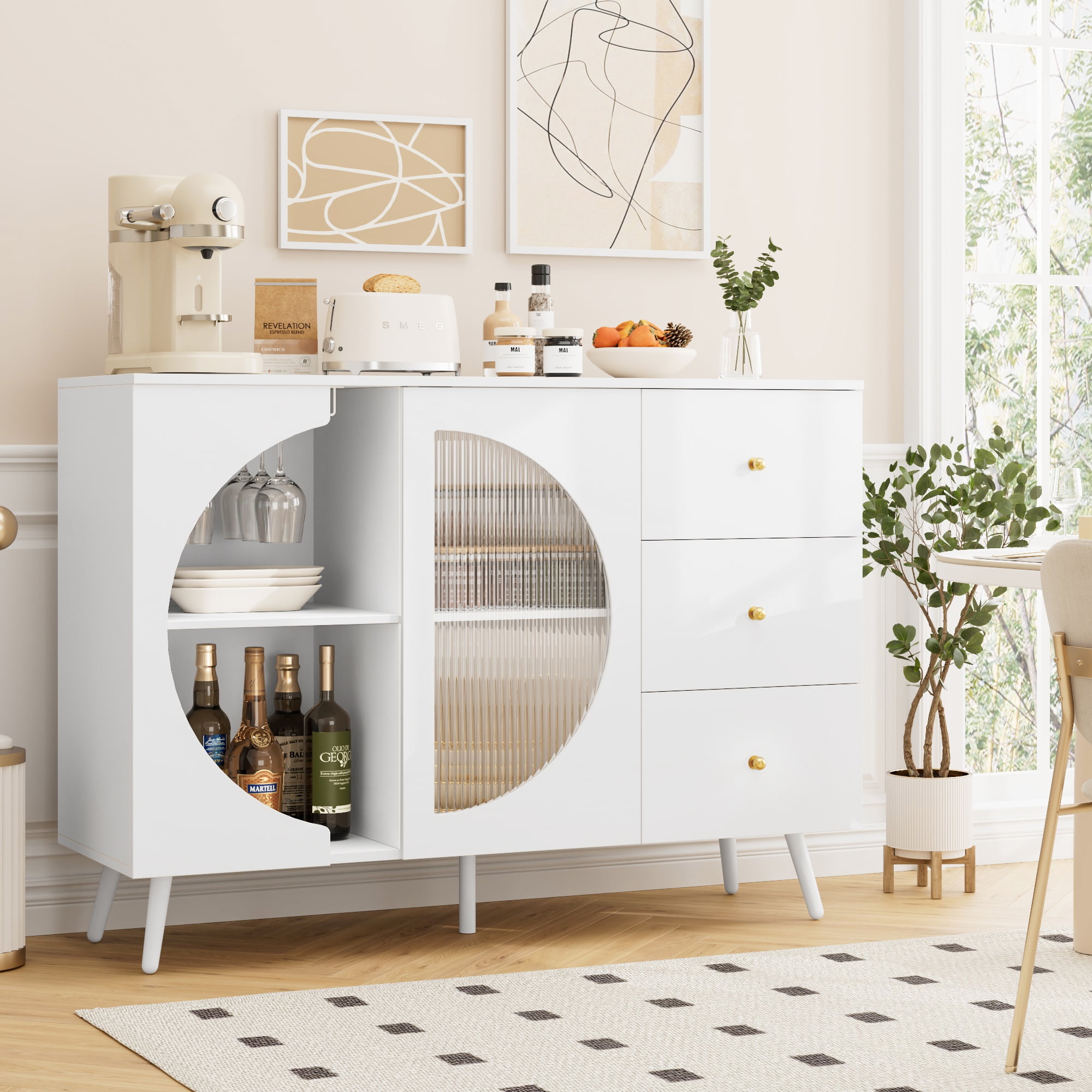 Homfa Bar Cabinet with 2 Glass Cup Holders & 3 Drawers, Modern ...