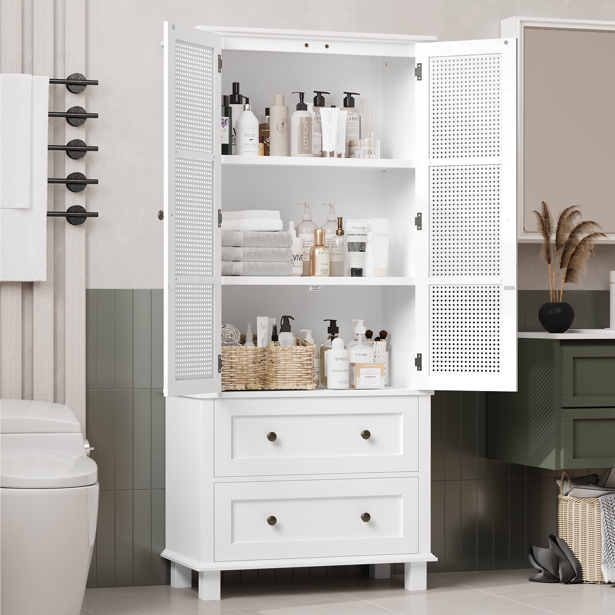 Homfa Bathroom Cabinet with Rattan Doors, Rattan Linen Storage Cabinet ...