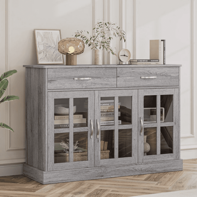 Homfa Gray Buffet Storage Cabinet Cupboard, Kitchen Sideboard with 3 Doors and 2 Drawers for ...