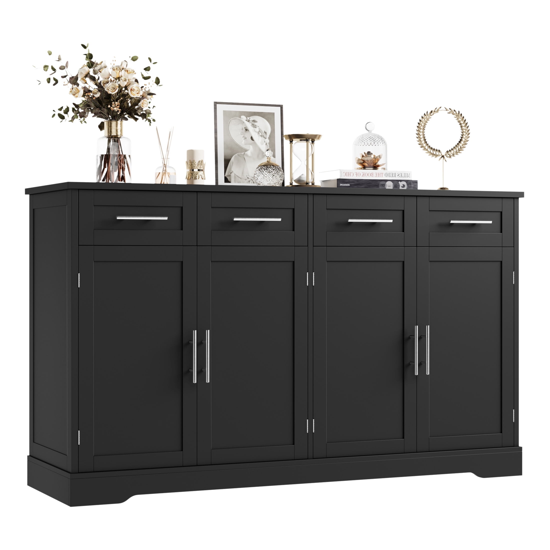 Homfa Modern Buffet Cabinet with 4 Drawers, 59" W Sideboard Buffet Storage Cabinet with Shelves ...