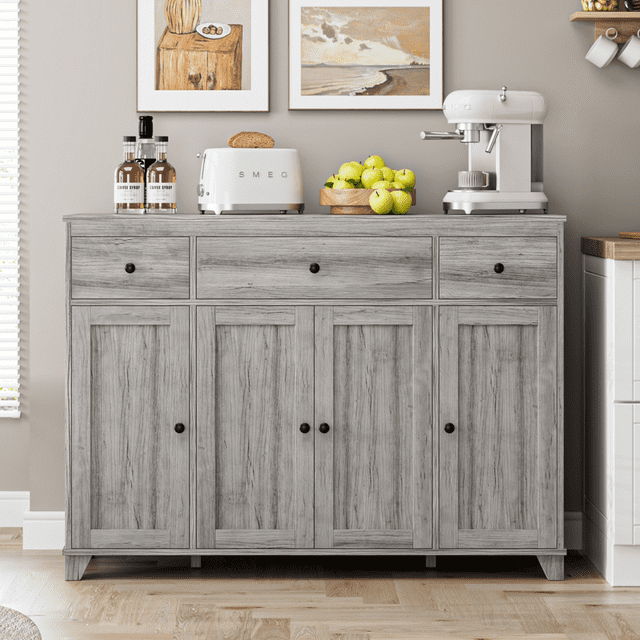 Homfa 47'' Buffet Cabinet, Gray Sideboard with 3 Drawers, Modern Coffee Bar for Kitchen Dining ...
