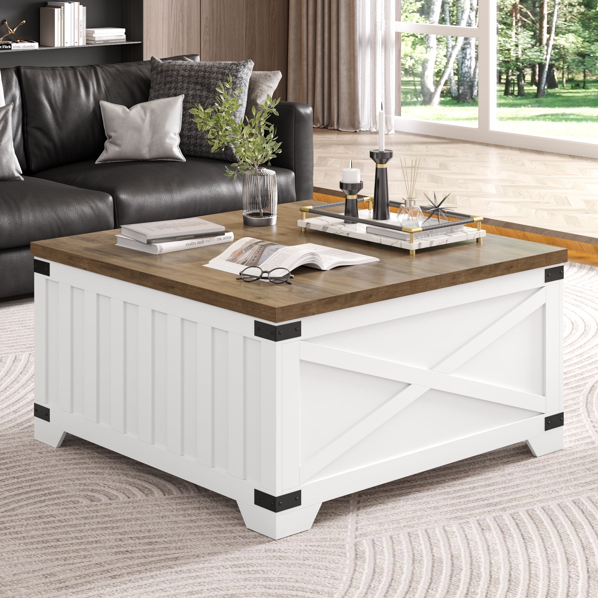 Smart FENDEE Farmhouse Coffee Table with Lift Top Wooden Square Center ...