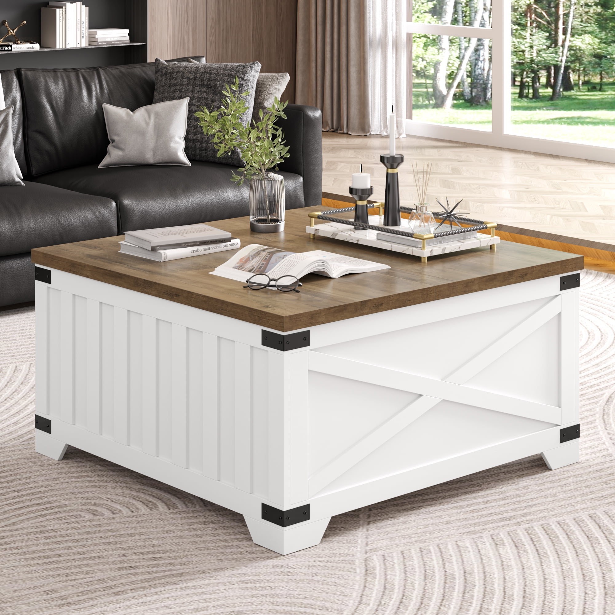 BizChair 35.75" Farmhouse Storage Coffee Table with Hinged Lift Top ...