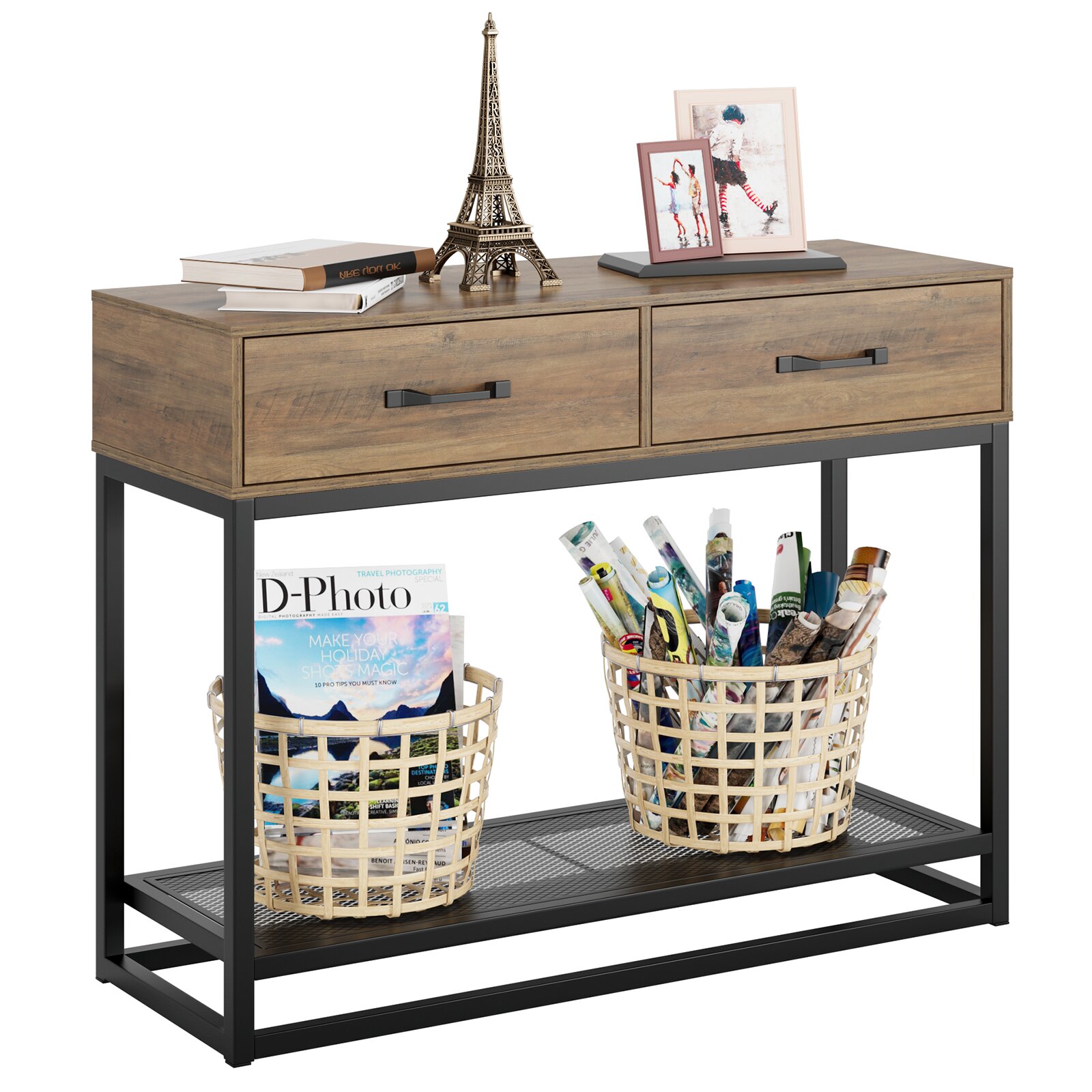 70" Console Table Entryway Sofa Table with Power Outlets,Rustic Brown ...