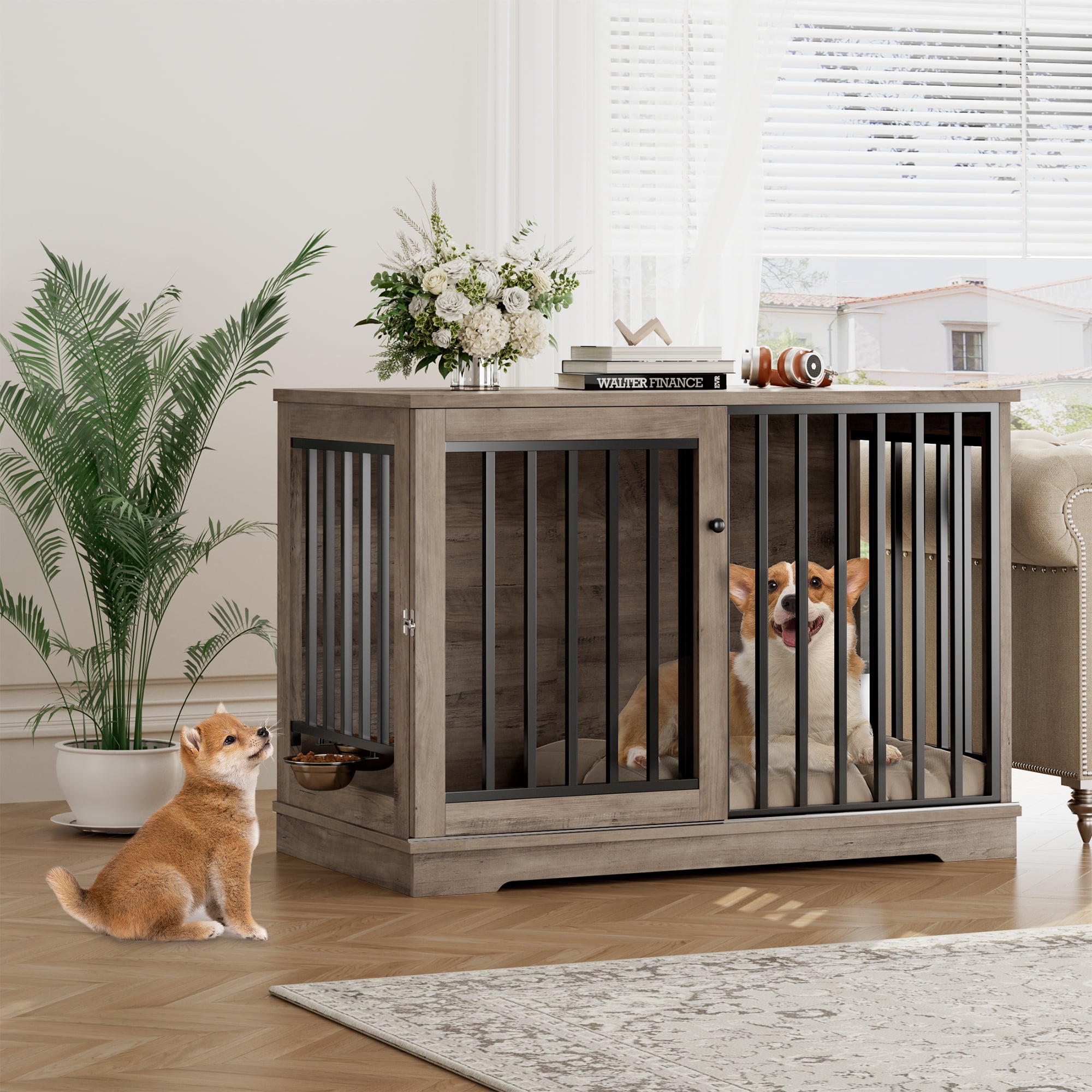 Homfa 47.2'' Large Indoor Dog Crate Table, Wooden Dog Cage with Sliding ...