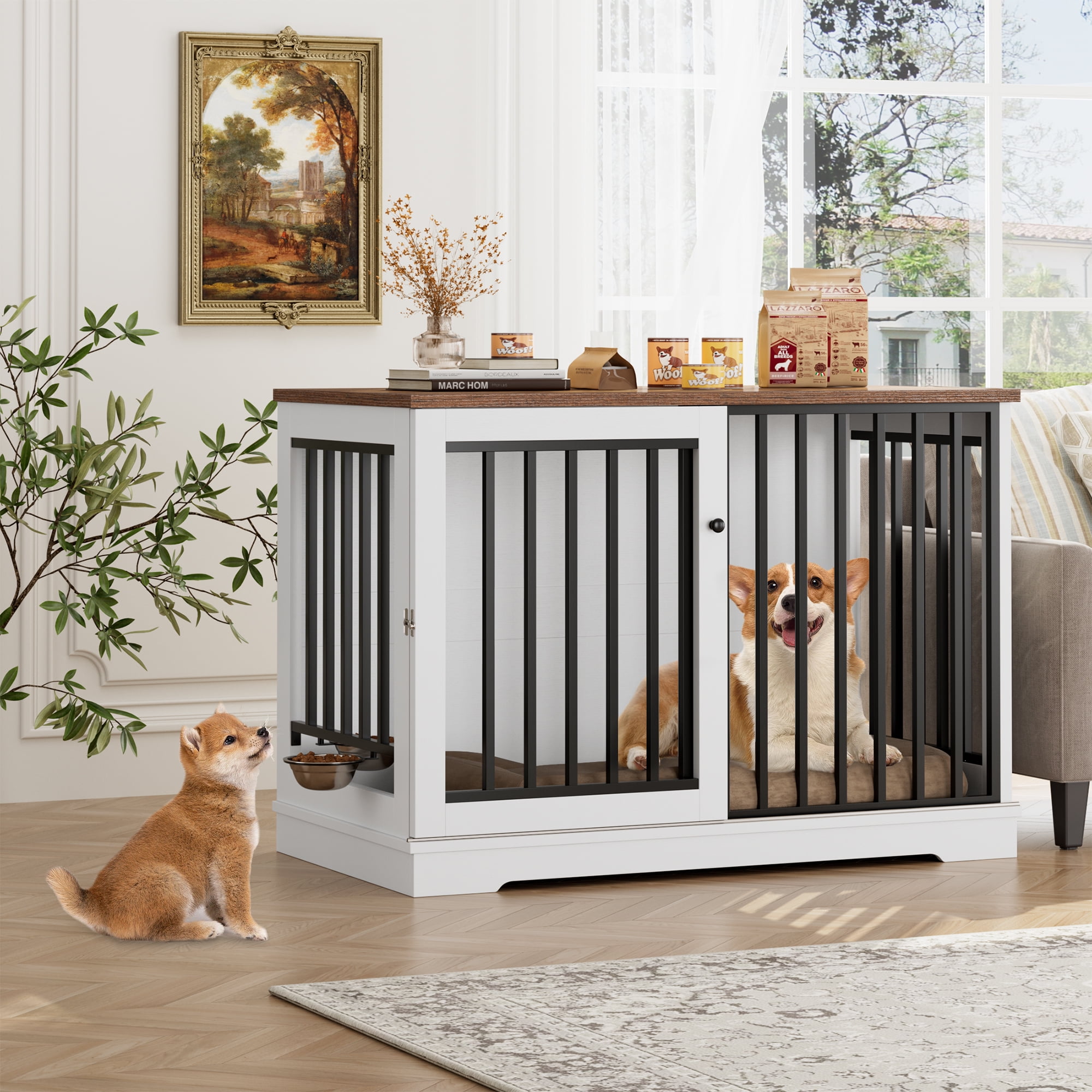 Modern Homfa Dog Crate, 47.2'' Wood Kennel Table with Sliding ...