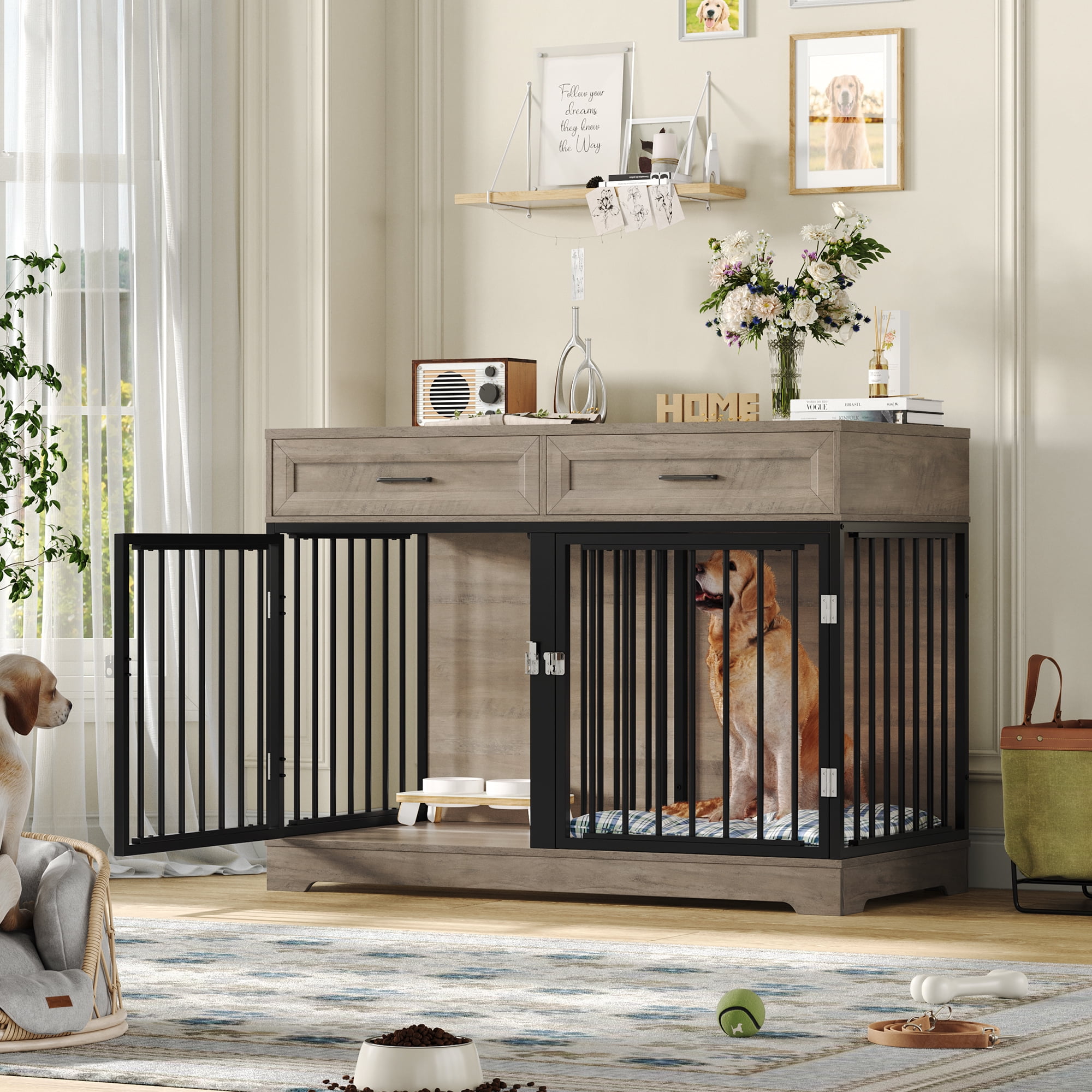 Homfa Dog Crate Furniture with 2 Drawers, 47.2’’Large Wooden Indoor Dog ...