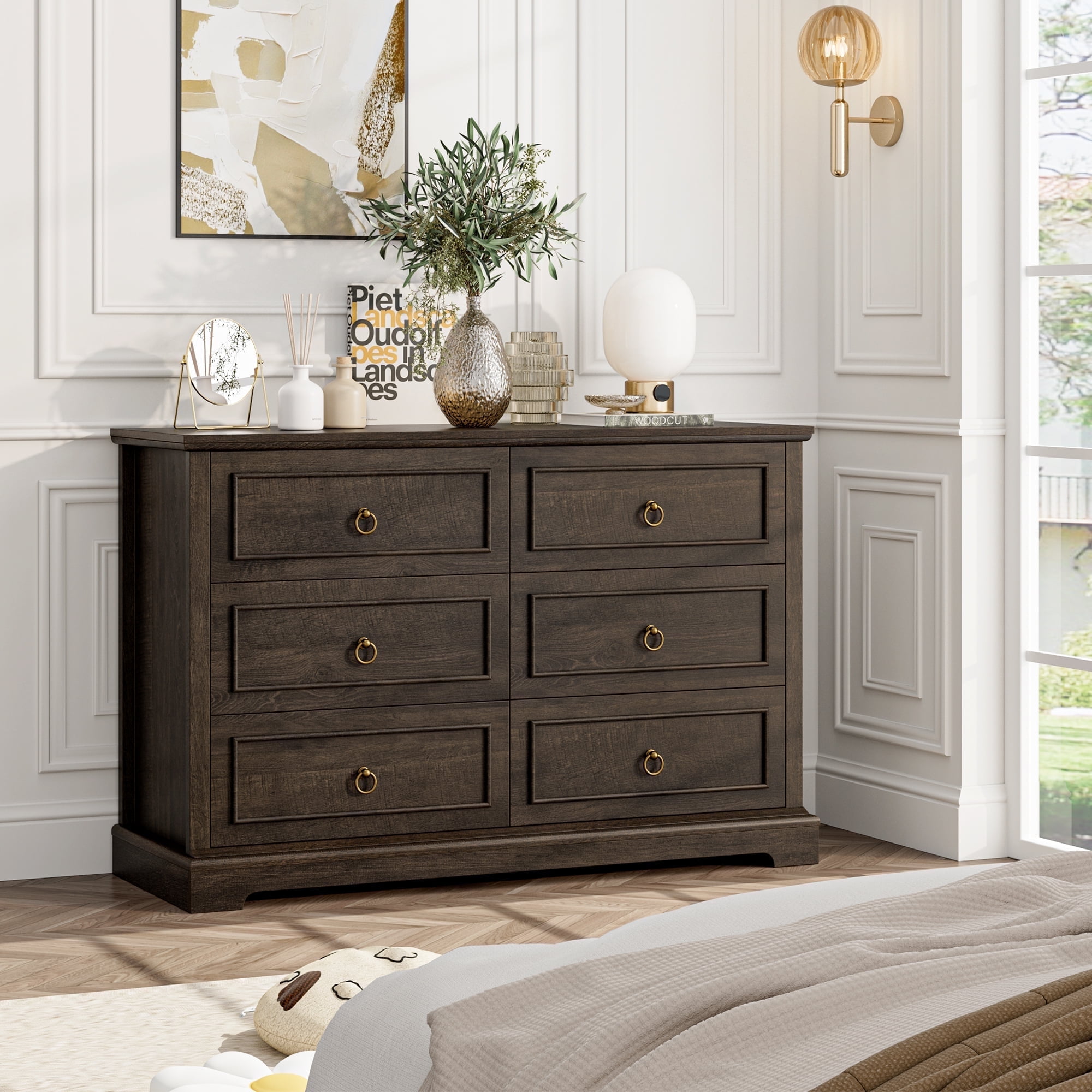 "Homfa 6 Drawer Horizontal Dark Brown Dresser for Bedroom, 47.2"" Wide ...