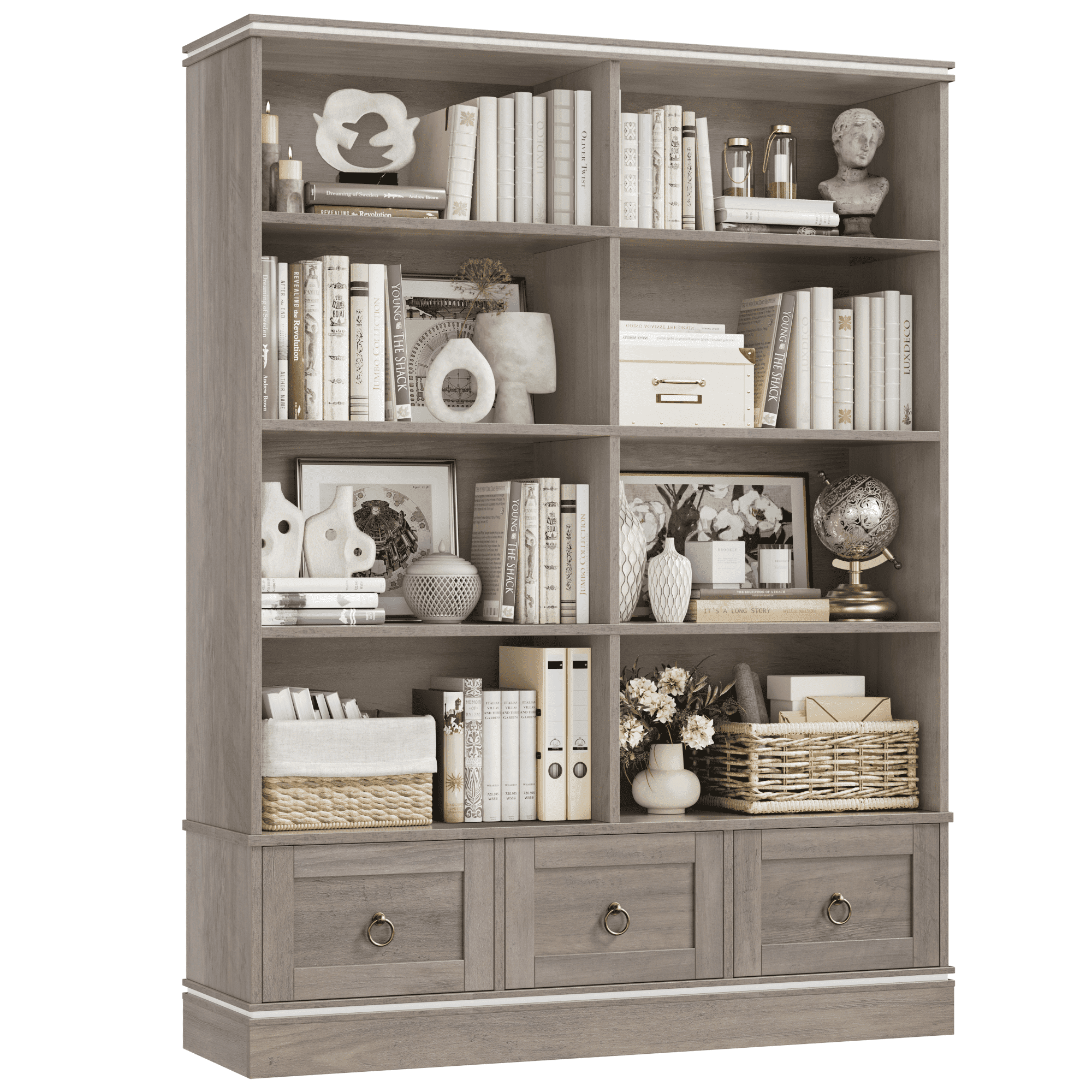 Homfa Double Row 5-Tier Bookshelf, 63'' Tall Bookshelf with 3 Drawers ...