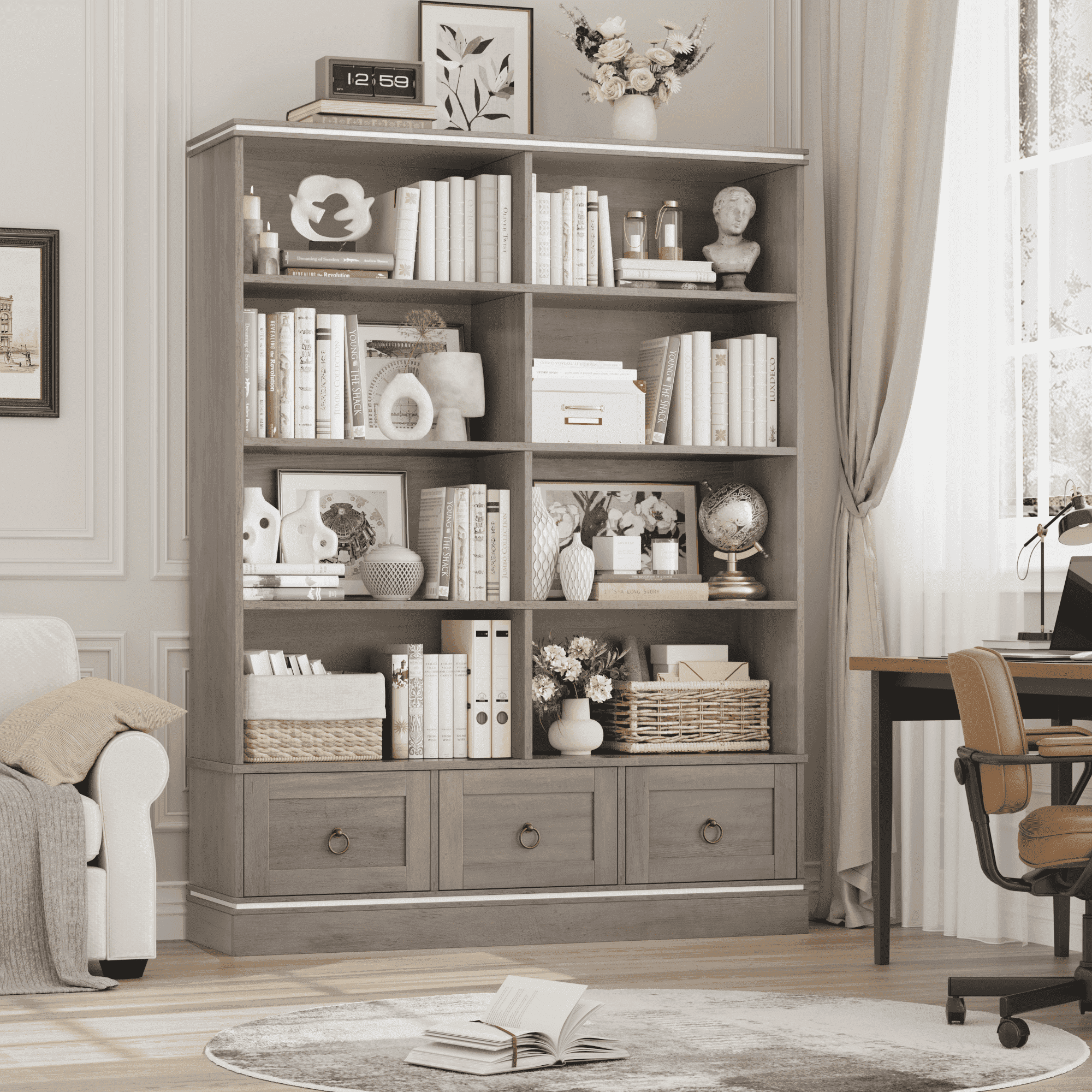 Homfa Double Row 5-Tier Bookshelf, 63'' Tall Bookshelf with 3 Drawers ...