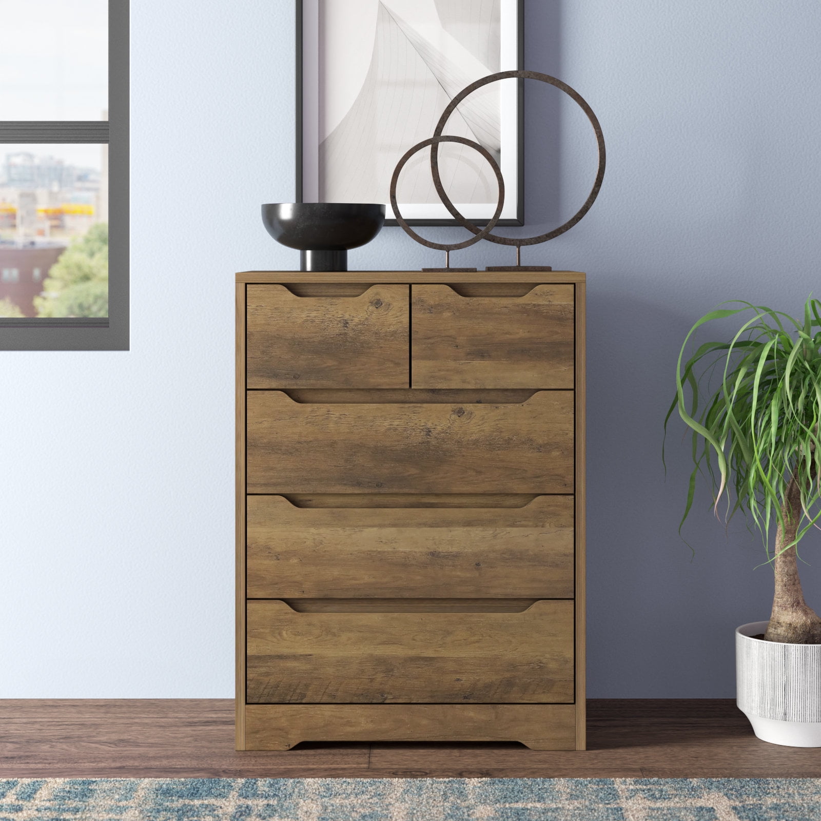 Homfa Dresser for Bedroom, Wood Storage Chest of 5 Drawers with Cutout ...