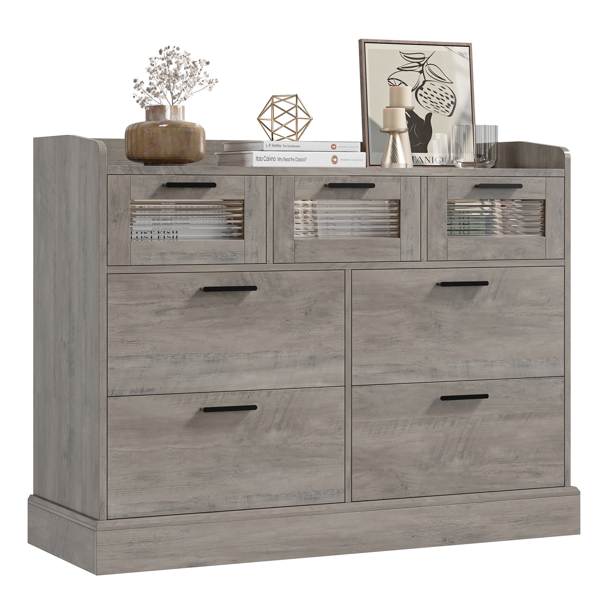 Homfa Farmhouse 7 Drawer Dresser for Bedroom, Glass Panel Wood Storage ...