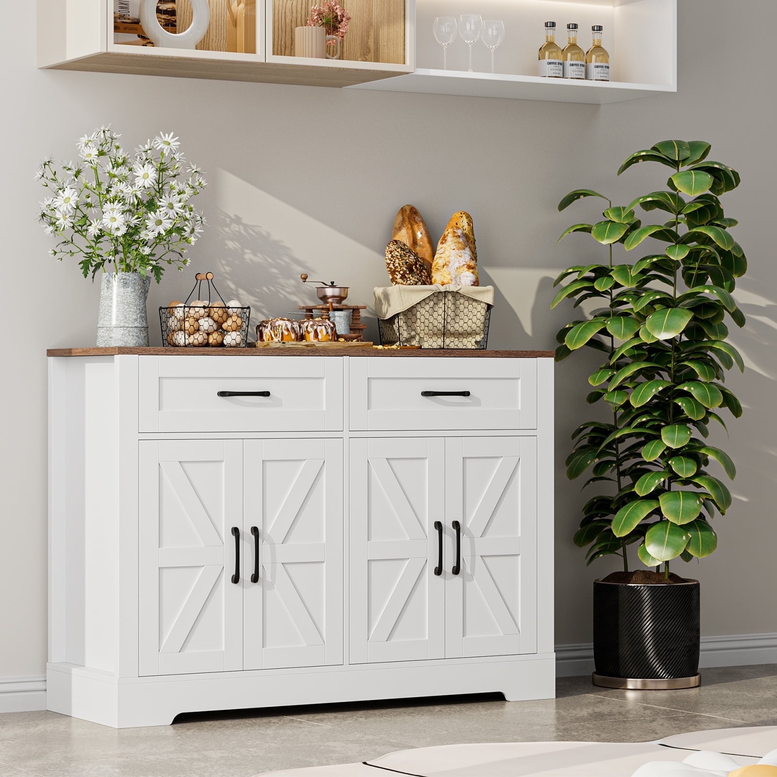 Homfa Farmhouse Buffet Sideboard for Kitchen, 2 Drawers & 4 Doors Wood ...