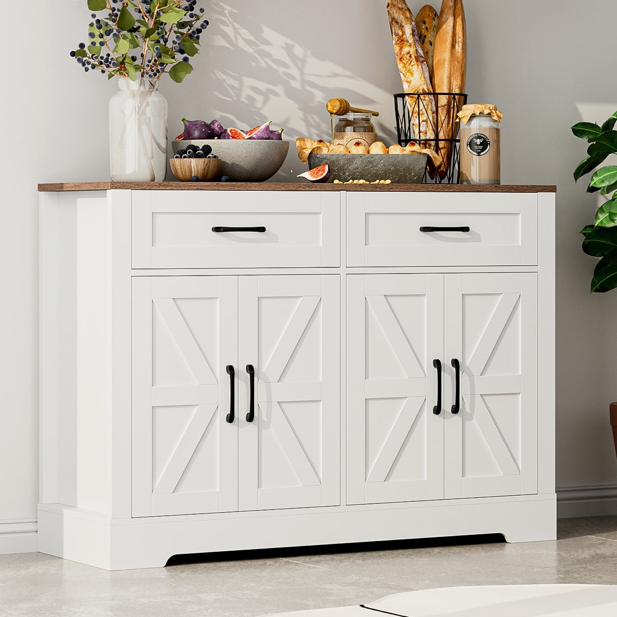 Homfa Farmhouse Buffet Sideboard for Kitchen, 2 Drawers & 4 Doors Wood ...