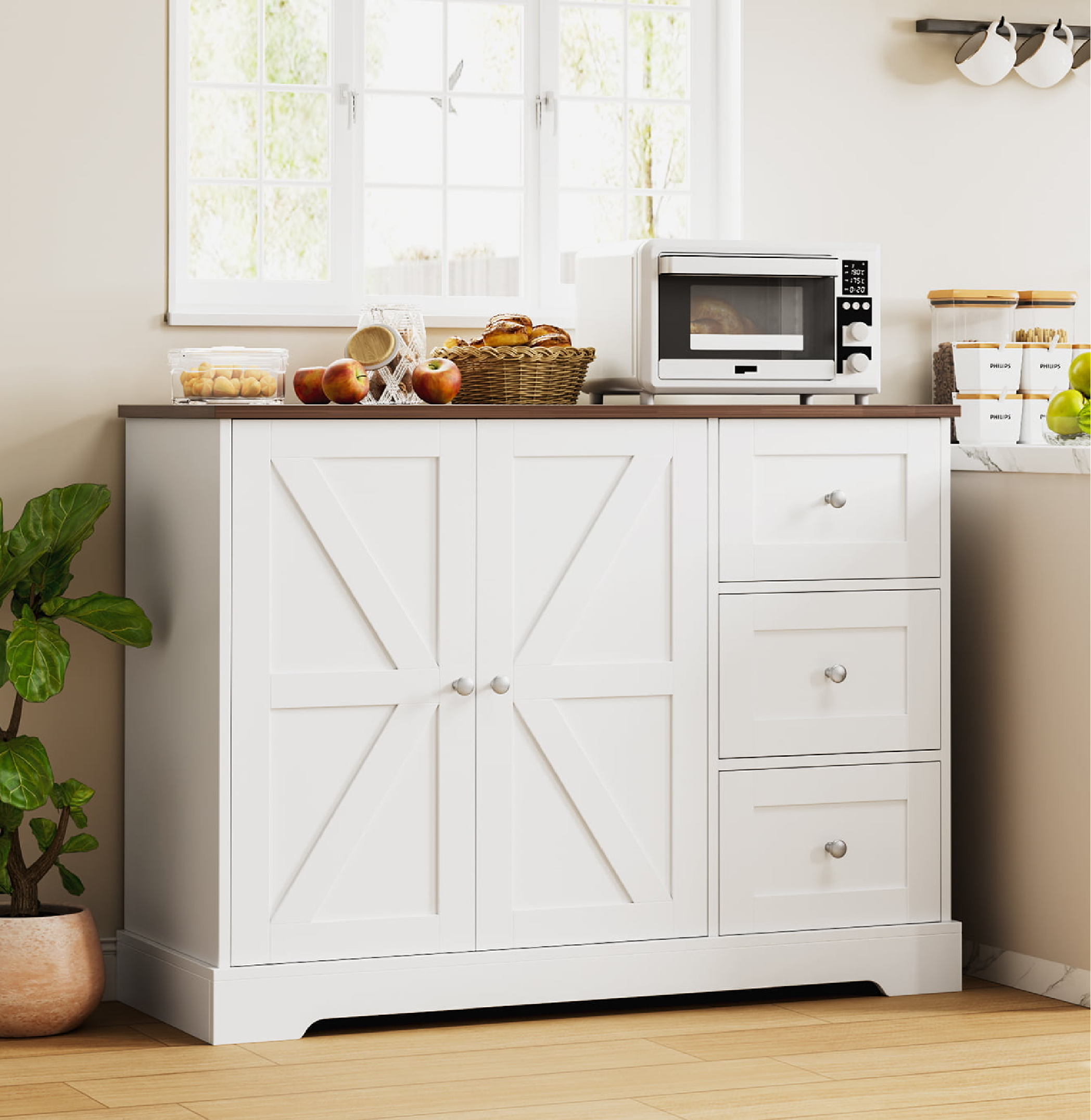 Contemporary Style Buffet Table With Wood Cutout Drawers, Brown and ...