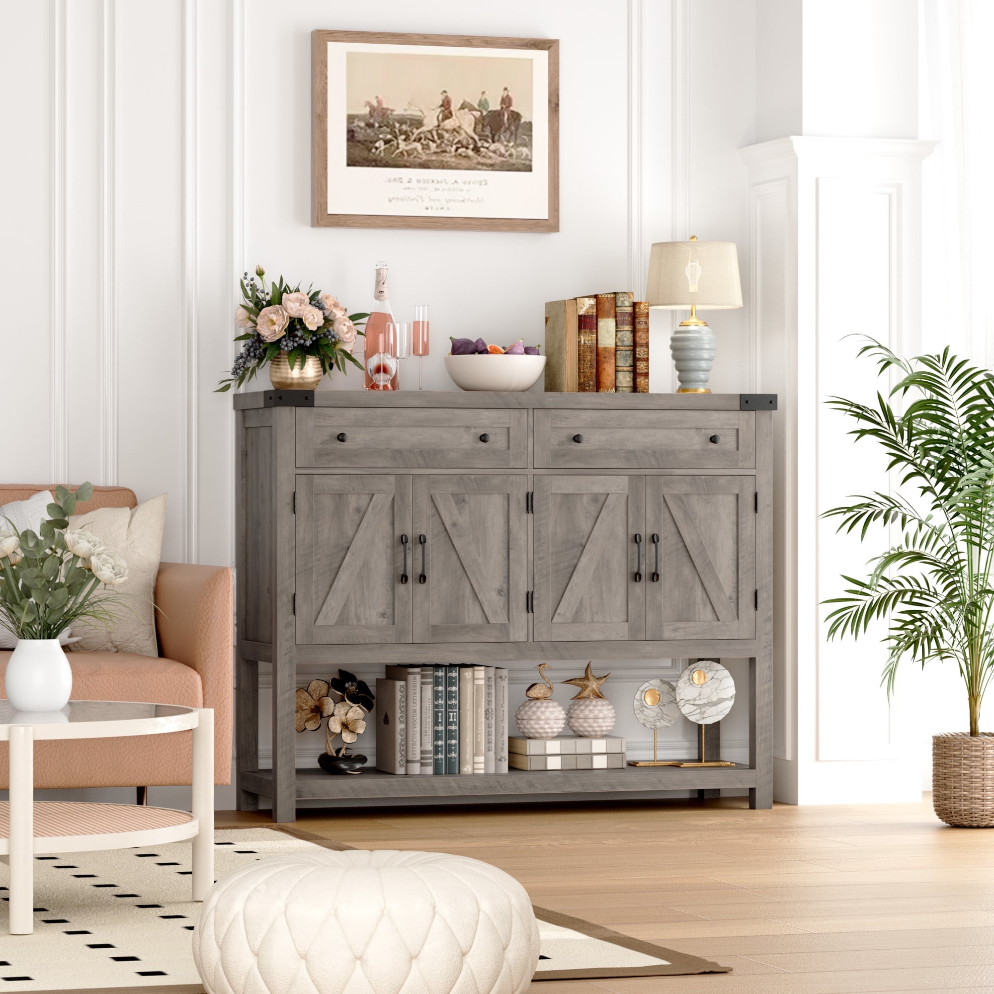 Homfa Farmhouse Console Table with 2 Drawer for Entrance Hall, 4 Door ...