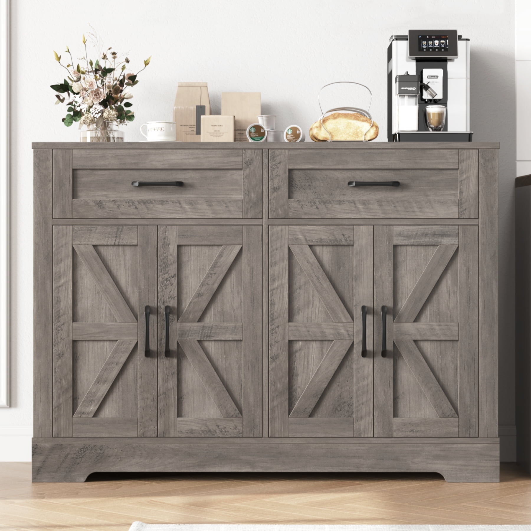 Homfa Farmhouse Kitchen Buffet Cabinet, 2 Large Drawers & 4 Doors Wood ...