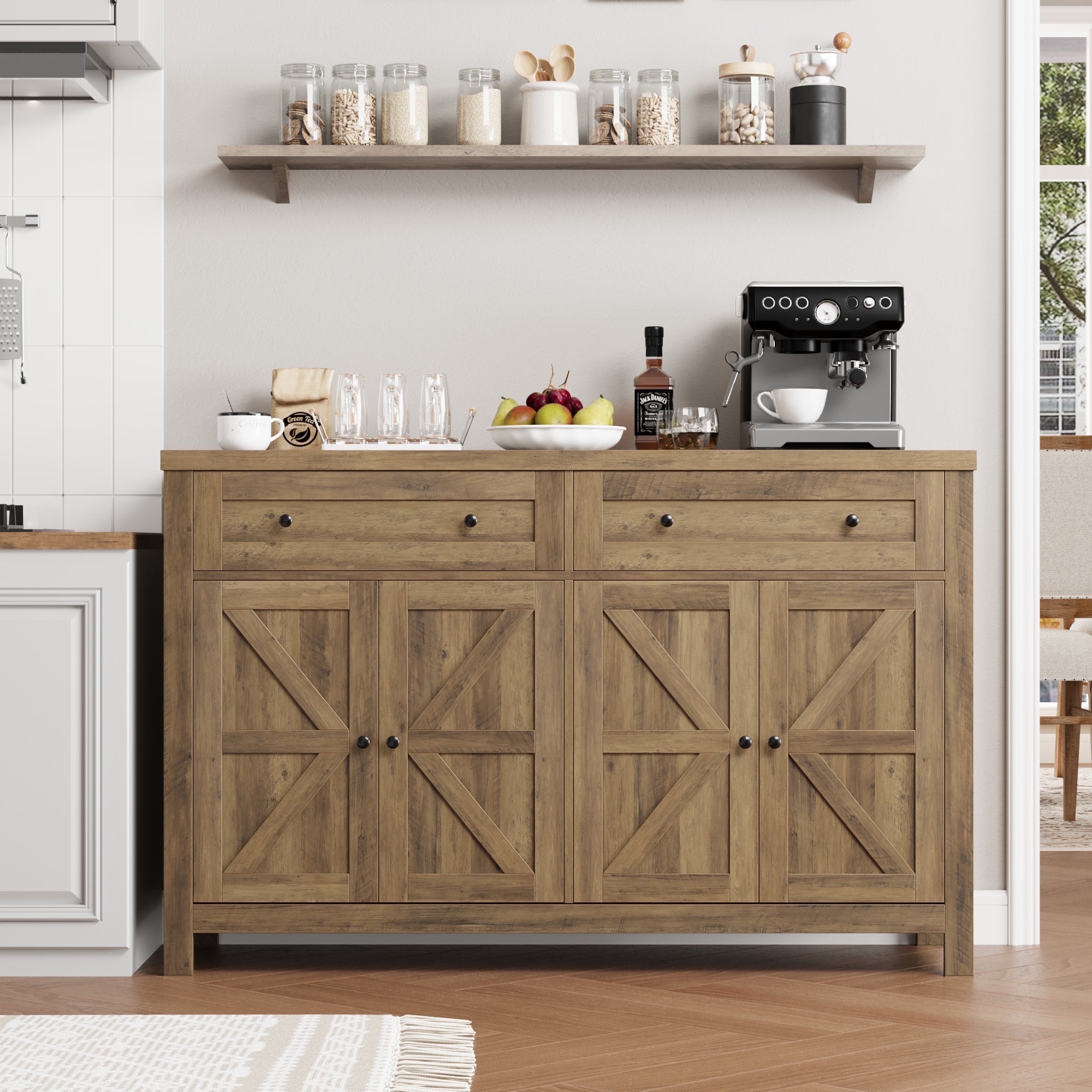 Homfa Farmhouse Kitchen Buffet Sideboard, 4-Doors 2-Drawers Wood ...