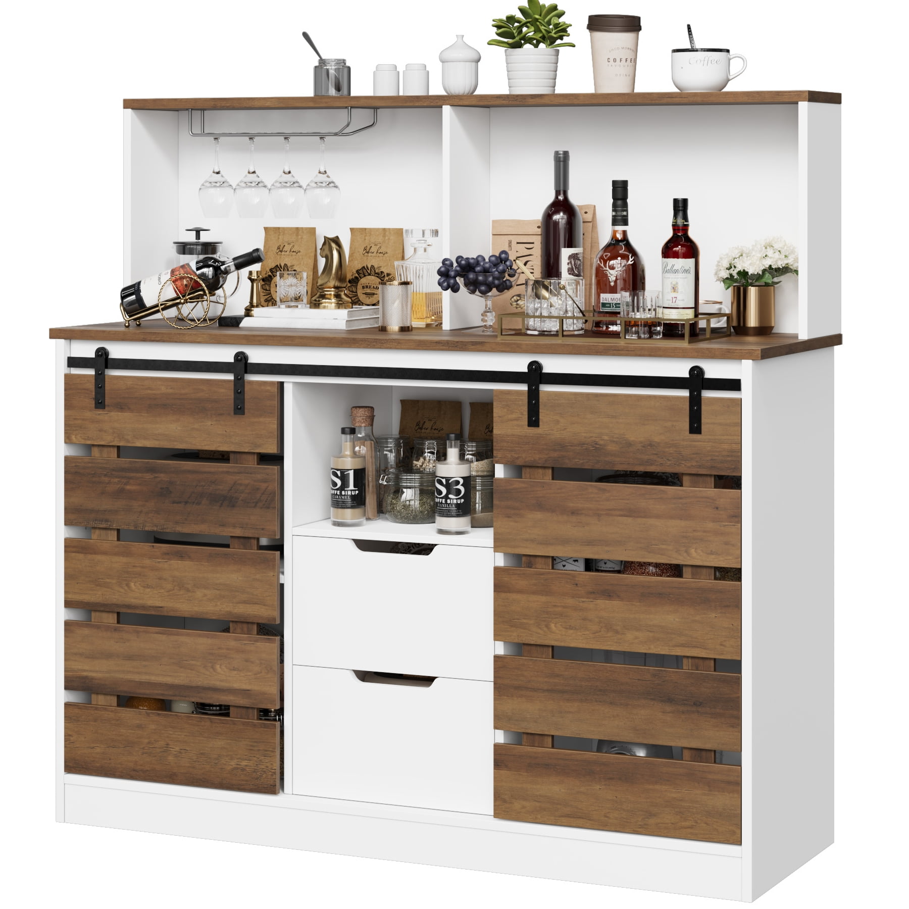 Homfa Rustic Farmhouse Kitchen Buffet, Sliding Barn Door, White Coffee ...