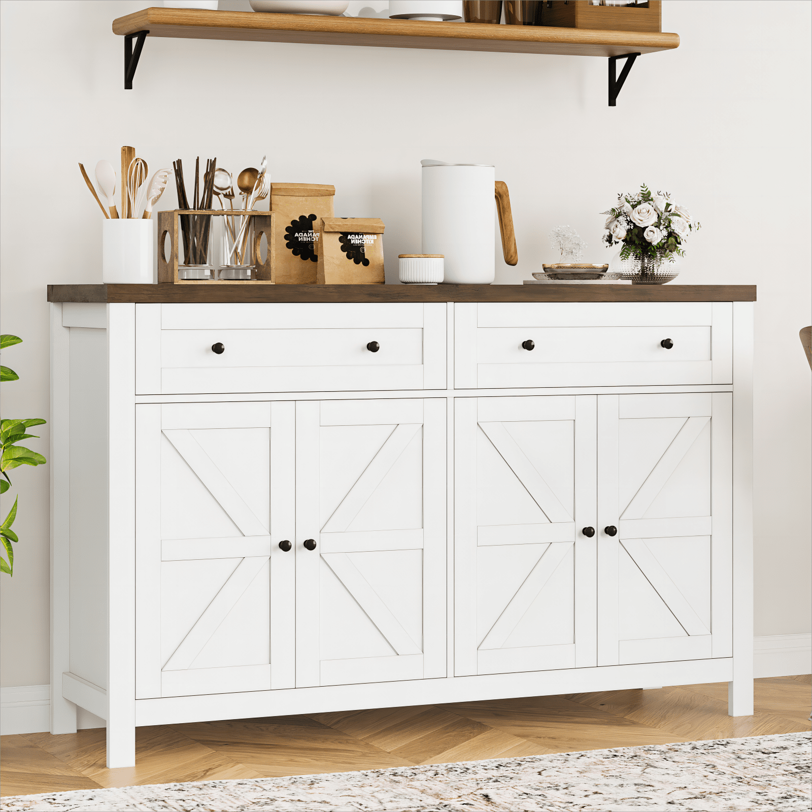 Homfa Farmhouse Kitchen Buffet, 4-Doors, 2 Large Drawers, Adjustable ...
