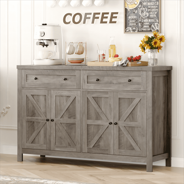 Homfa Farmhouse Kitchen Cabinet with Adjustable Shelf, 4-Doors 2 ...