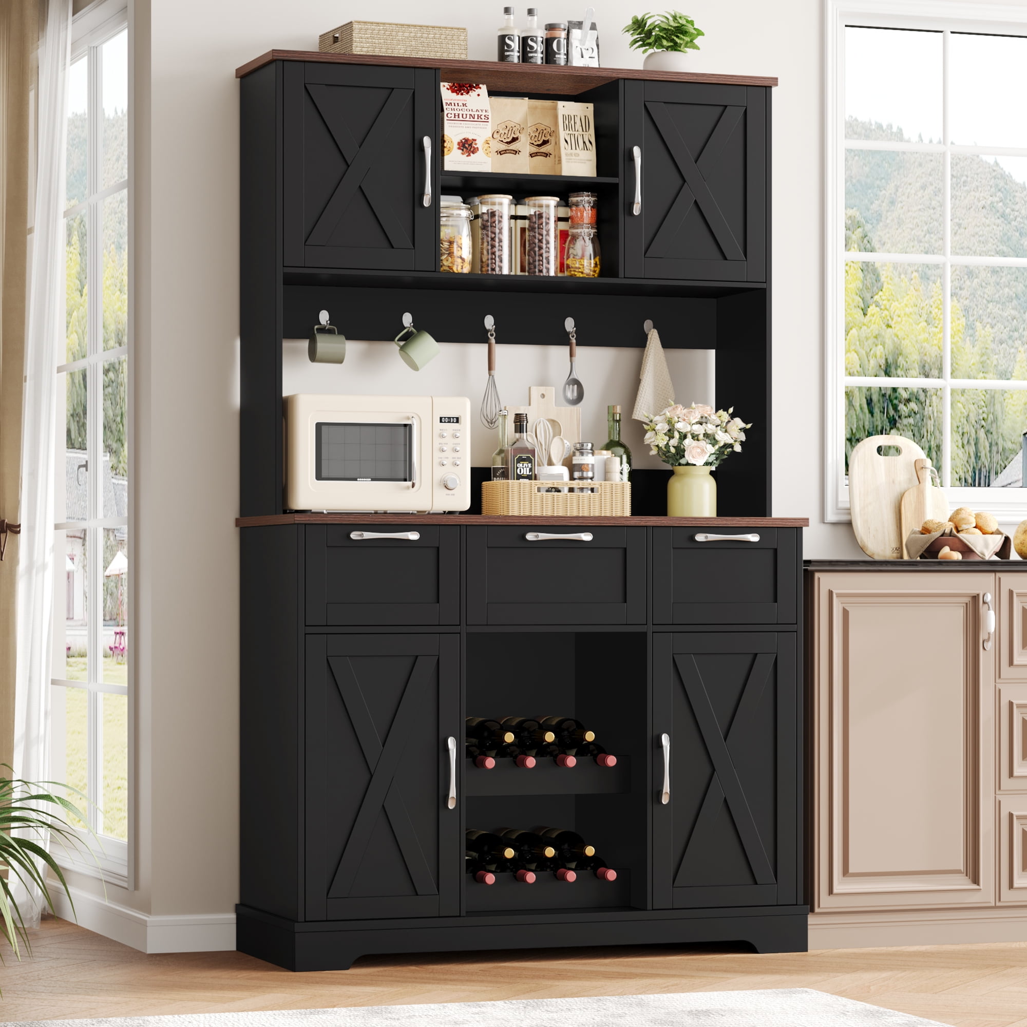 Homfa Farmhouse Kitchen Pantry with Microwave Stand Wine Racks Wood 3 Drawers Storage Cabinet with Adjustable Shelves for Dining Room Black