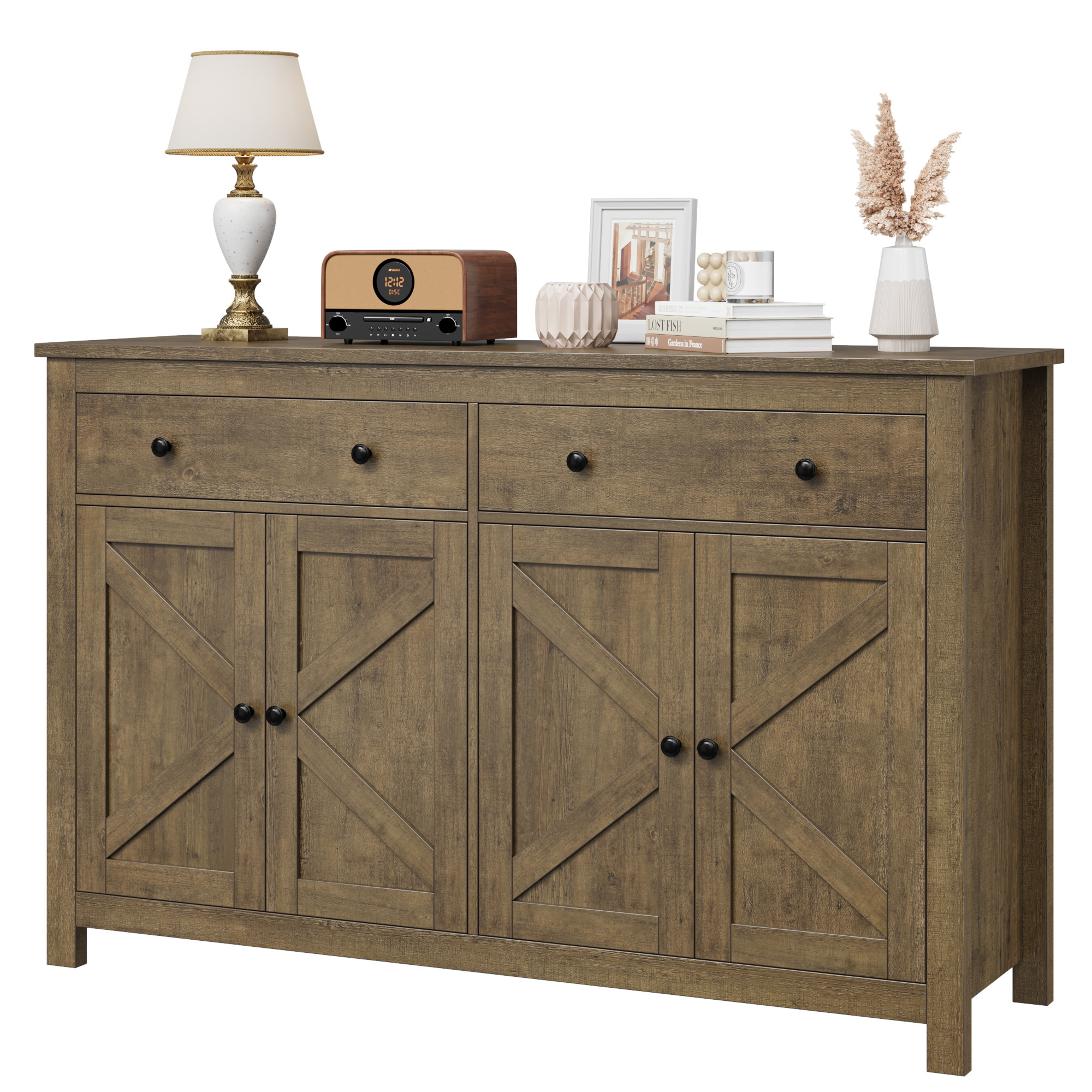 Homfa Farmhouse Kitchen Sideboard, 4-Doors 2-Drawers Wood Buffet Cabinet with Adjustable Shelves ...
