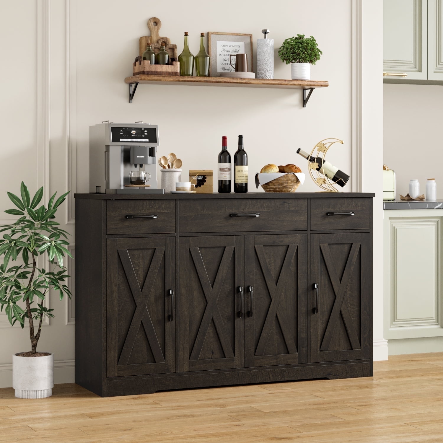 Homfa Farmhouse Kitchen Sideboard, 4-Doors 3-Drawers Wood Buffet ...