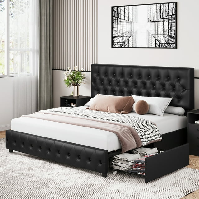 Homfa King Bed Frame with Storage, 4-Drawer Faux Leather Upholstered ...