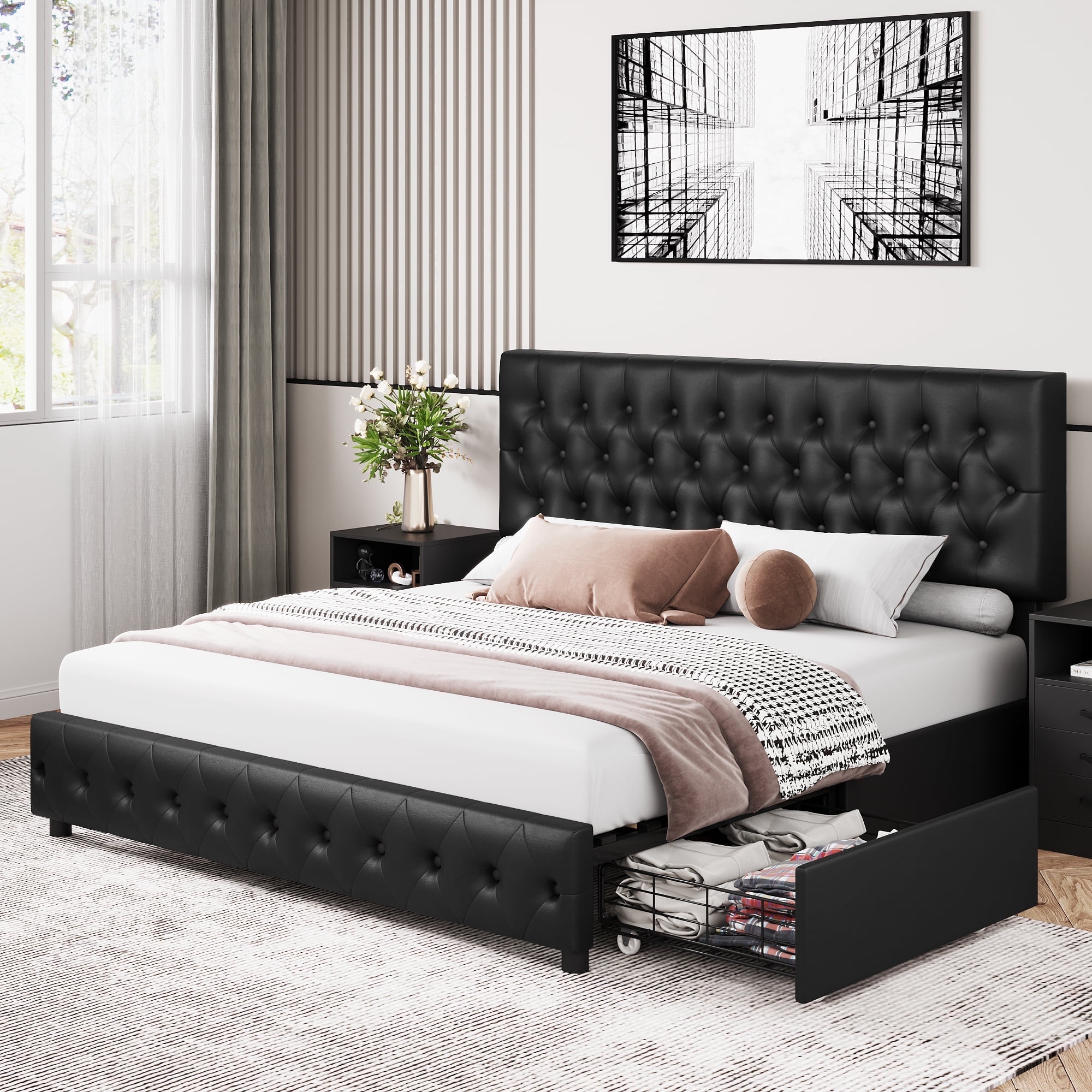 Homfa King Bed Frame with Storage, 4-Drawer Faux Leather Upholstered ...