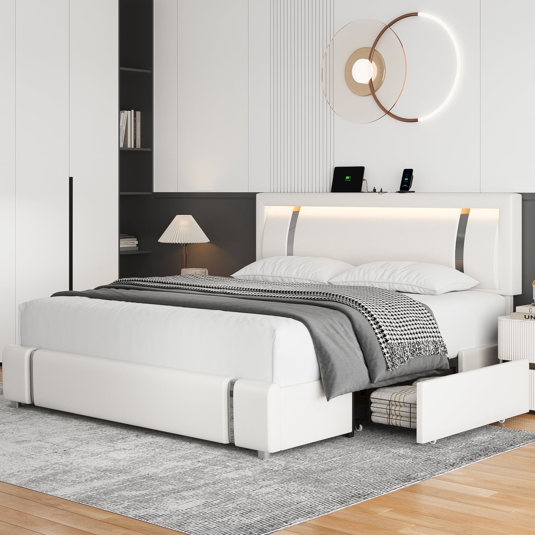 Homfa Full Size LED Bed Frame, 2 Storage Drawers, Faux Leather ...