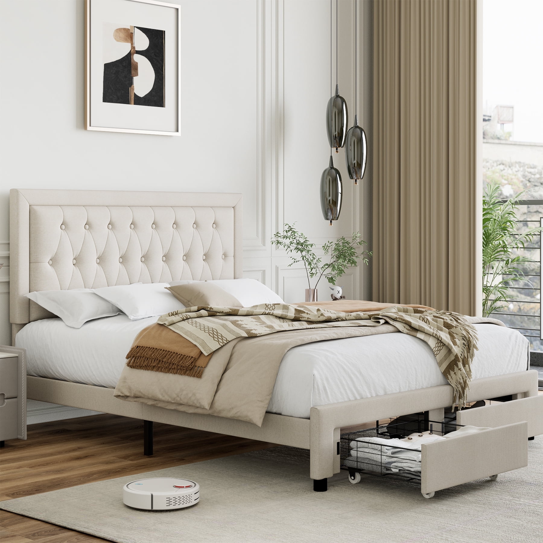 Homfa Full Size Bed Frame with 2 Drawers, Adjustable Button Headboard ...