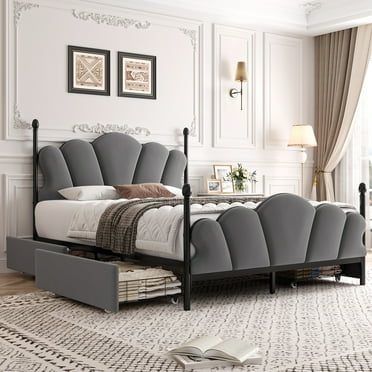 Homfa Full Size Bed Frame with Storage, 4 Drawers, Button Tufted ...