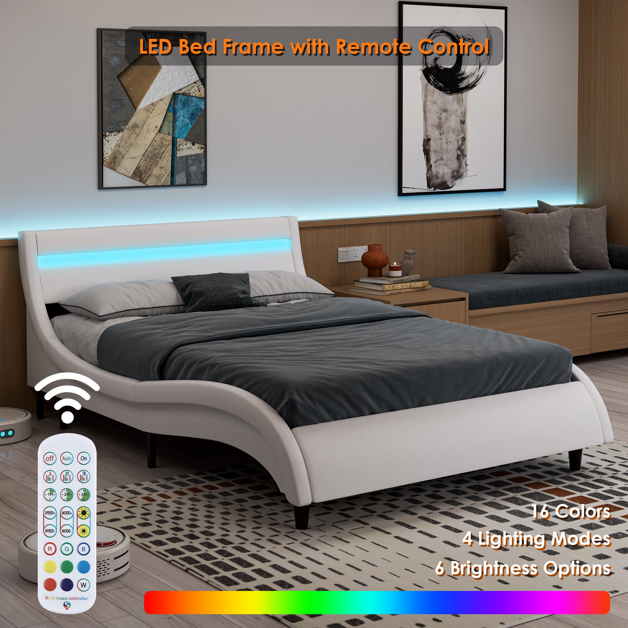 Homfa Full Size LED Bed Frame, White, Wave-Like Low Profile Design with ...