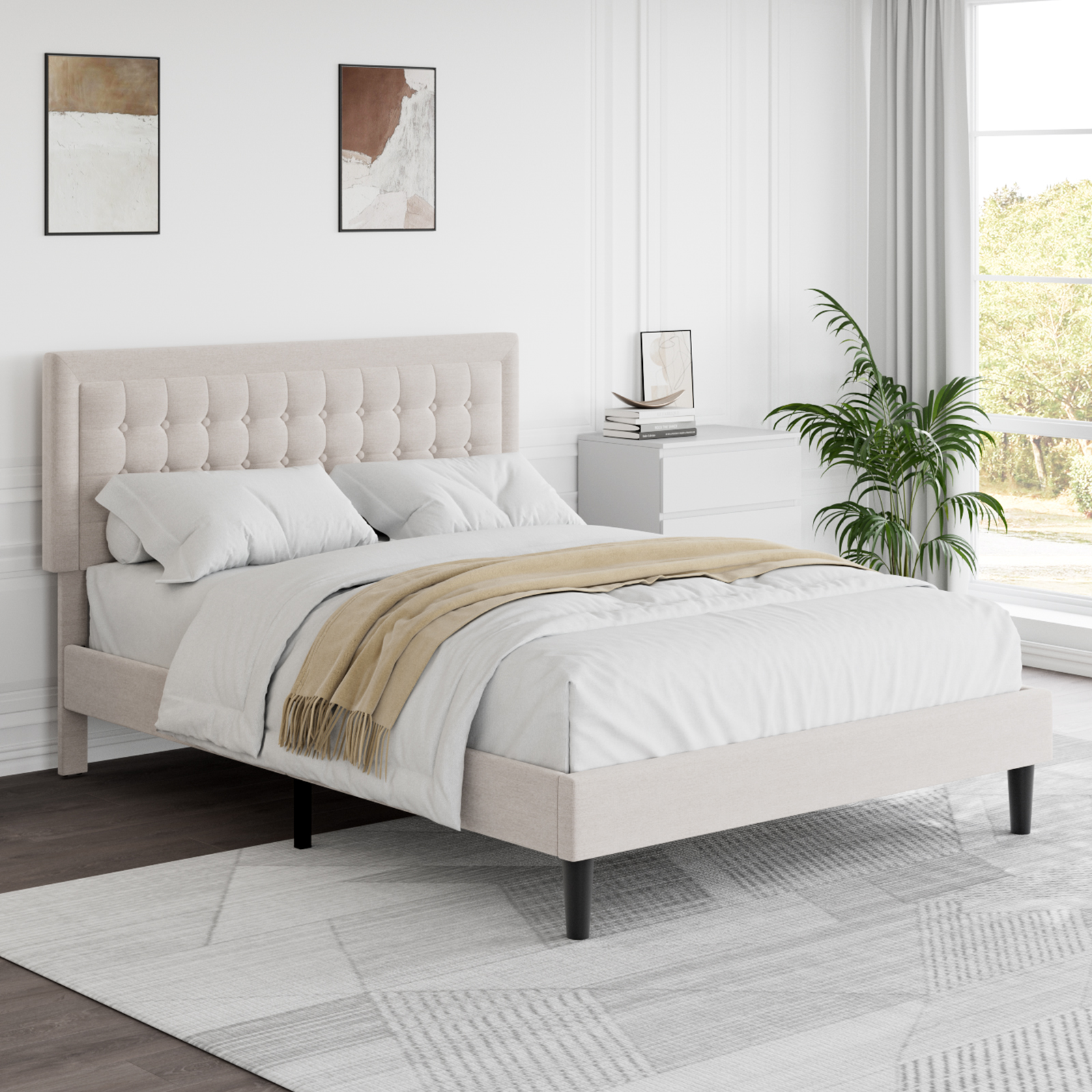 Martinique Complete Bed with Adjustable Height Button-Tuft Upholstered ...