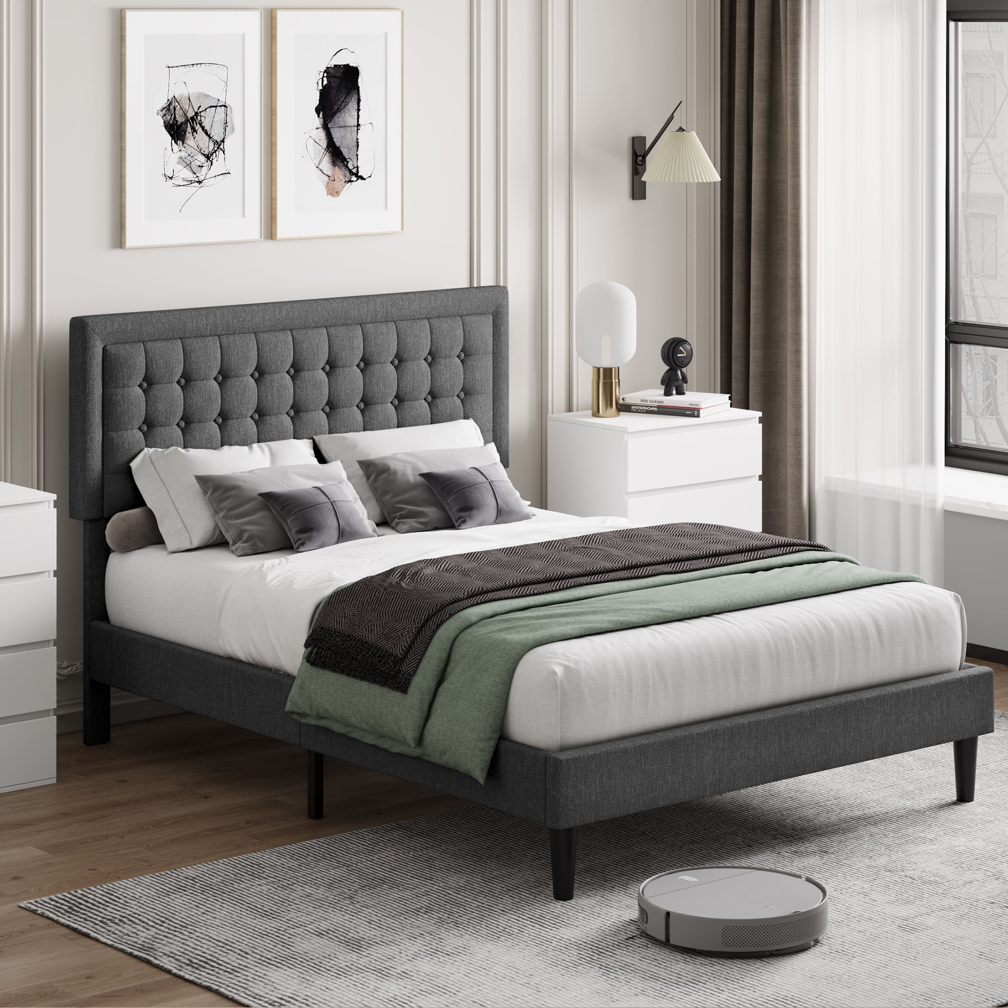 Homfa Upholstered Full Size Bed Frame, Modern Platform with Adjustable ...