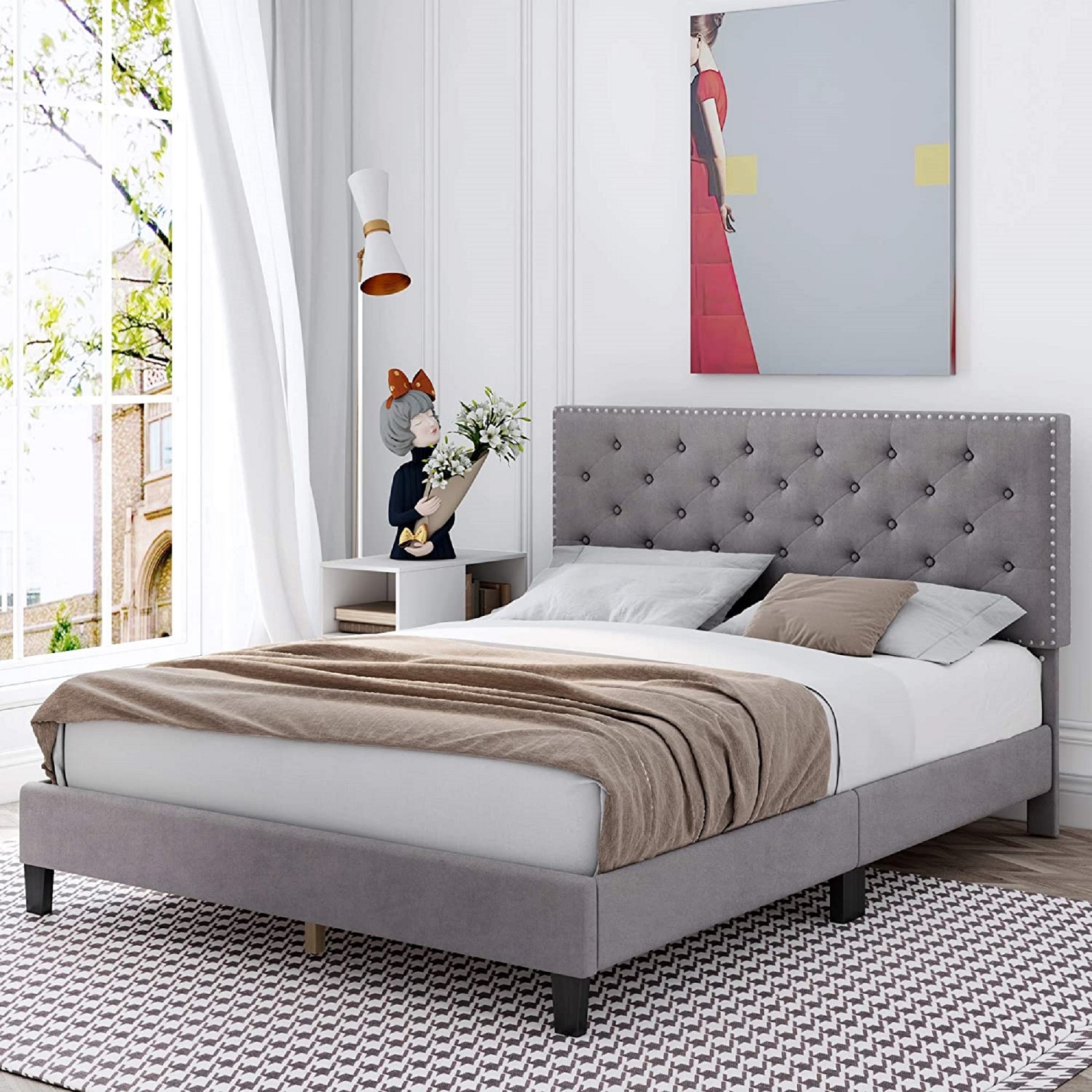 Merrick Lane Modern Full Size Platform Bed Frame with Padded Faux Linen ...