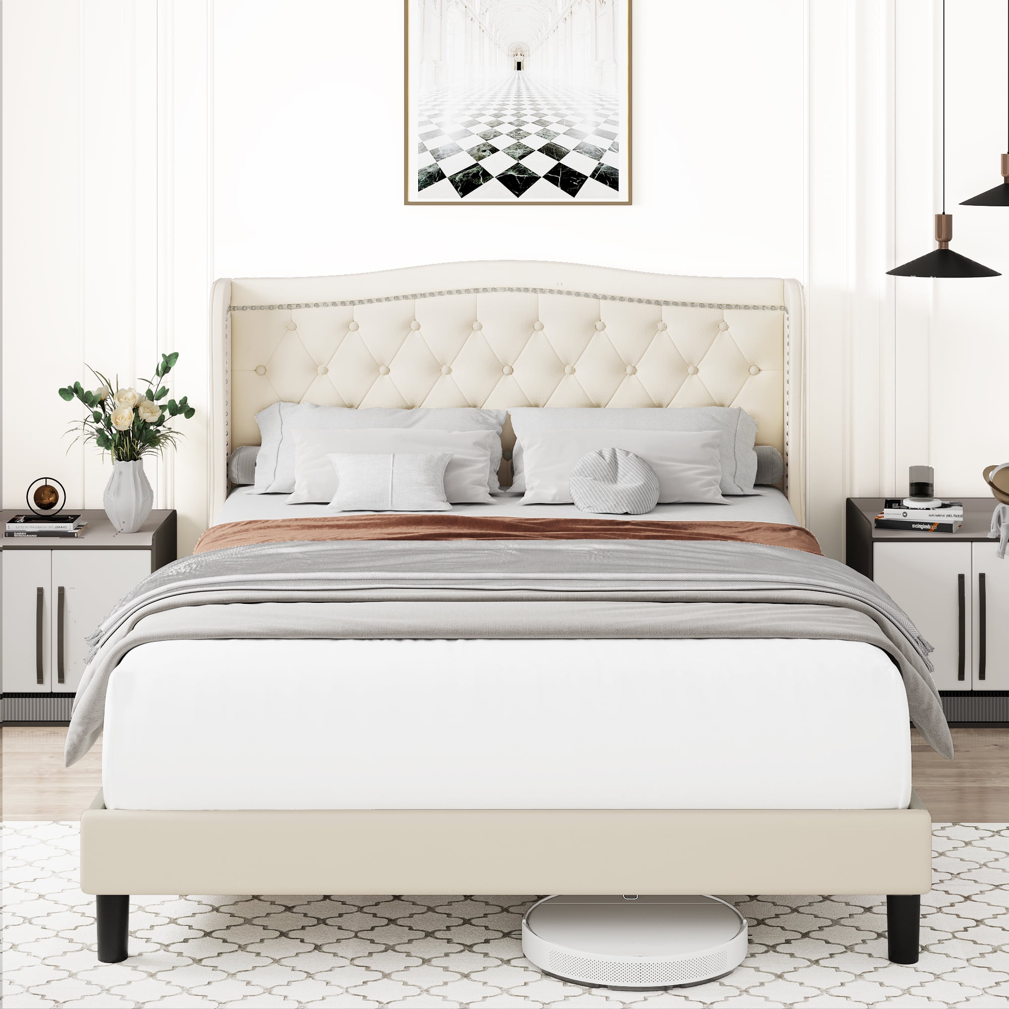 Homfa Full Size Bed, Modern Velvet Fabric Platform Bed Frame with Wing ...