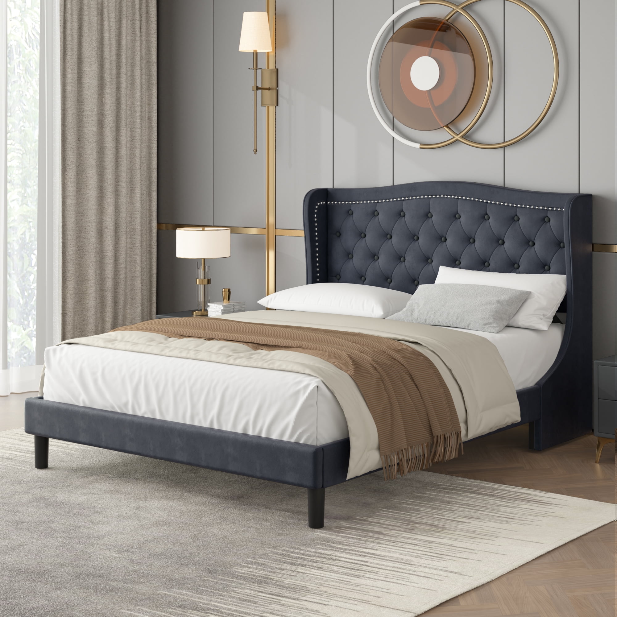 Homfa Full Size Modern Bed Frame with Velvet Button Tufted Upholstered ...