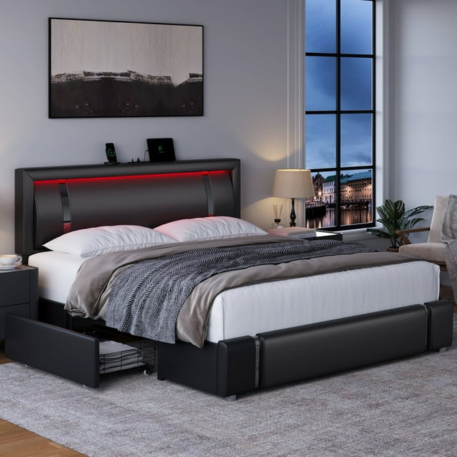 Homfa Full Size LED Bed Frame, 2 Storage Drawers, Leather Charging ...