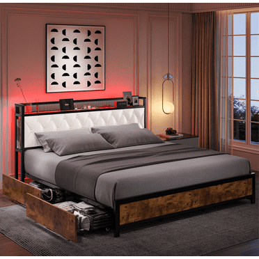Homfa Full Size LED Bed Frame with Outlets and USB Ports, Modern ...