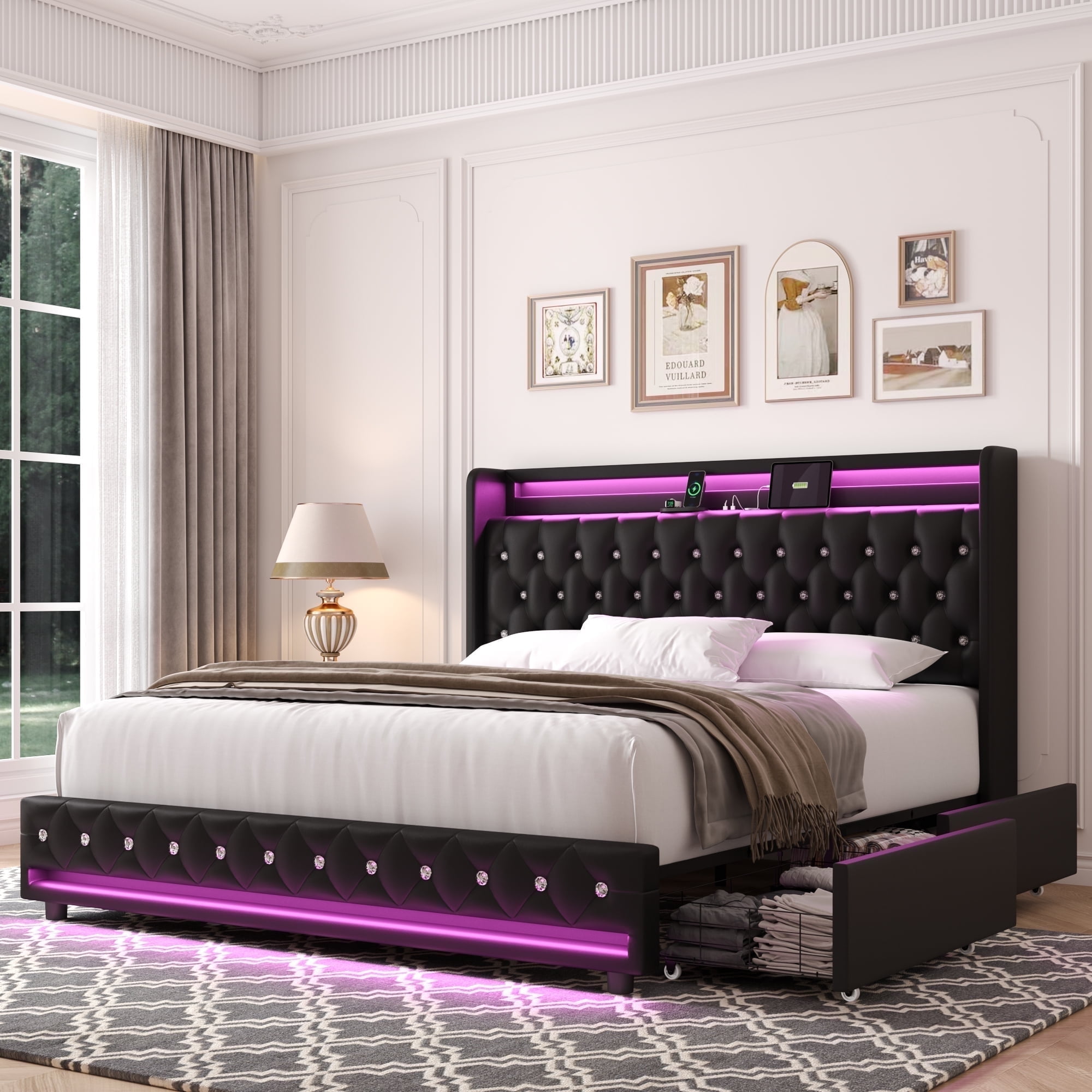 Homfa Full Size LED Bed with Headboard Charger, Underbed Storage & Wood ...