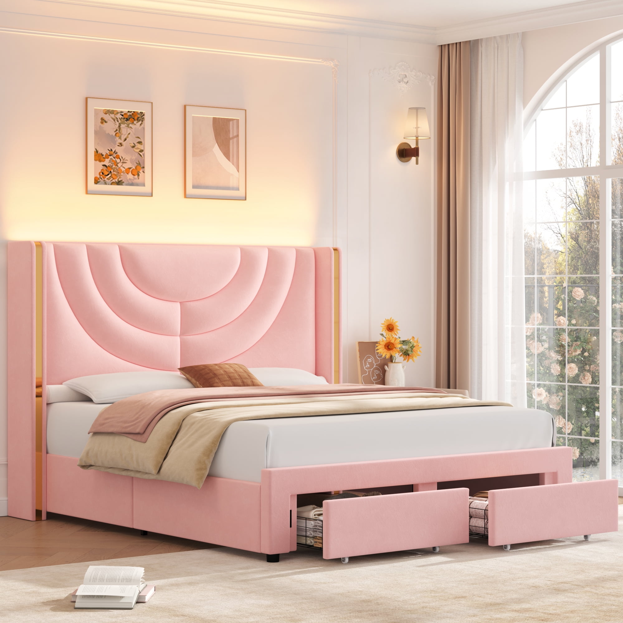 Homfa Full Size LED Bed Frame with 2 Drawer Storage, Wingback Platform ...