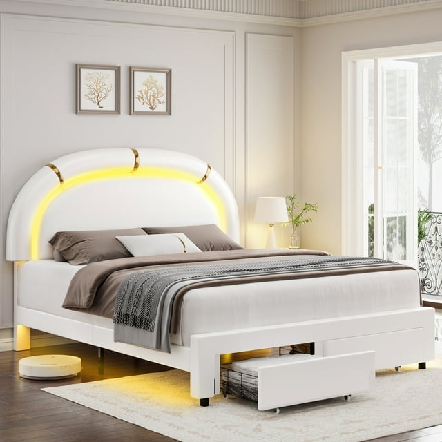 Homfa Full Size LED Bed Frame with 2 Storage Drawer, Modern PU Leather ...